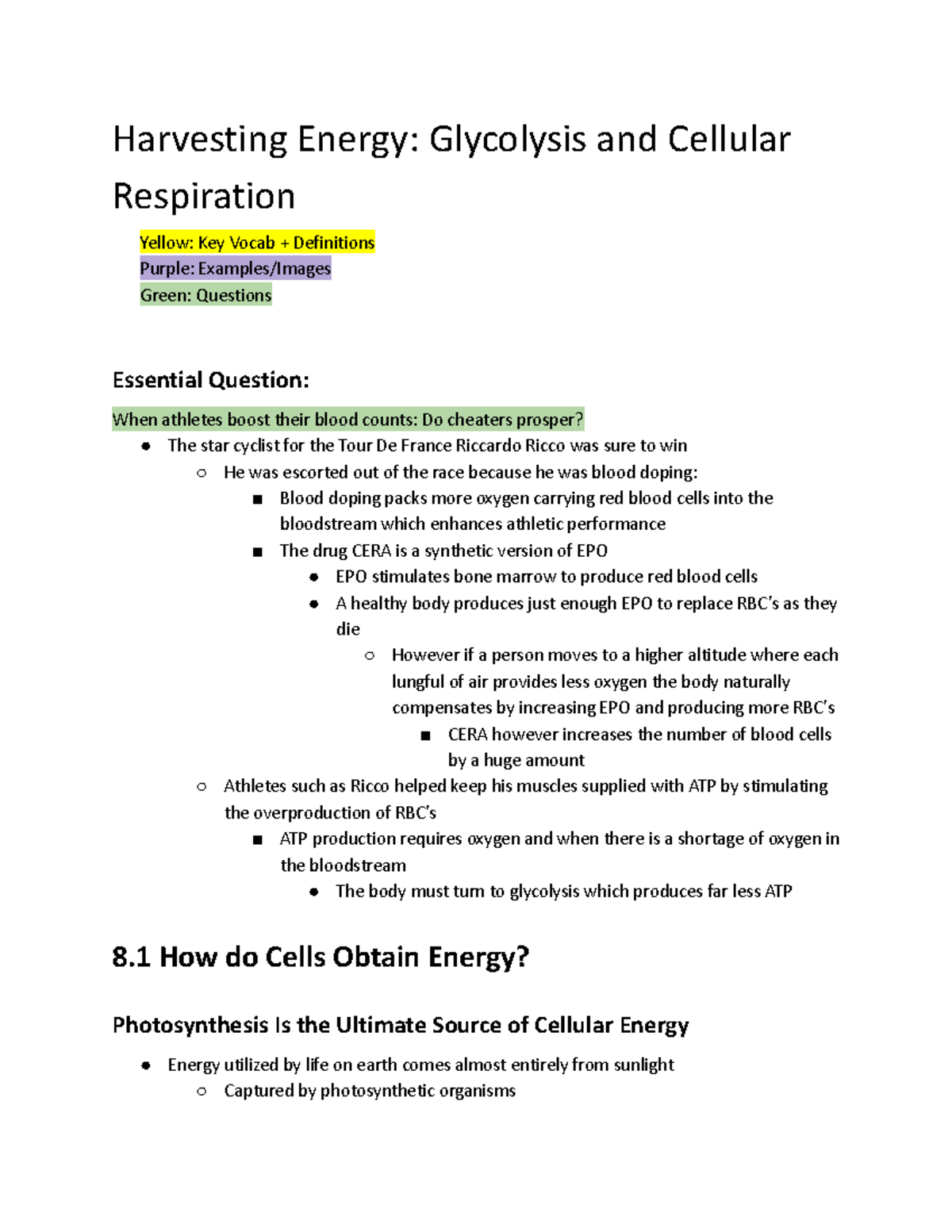 Glycolysis & Cellular Respiration: Key Concepts & Questions (Bio 101 ...