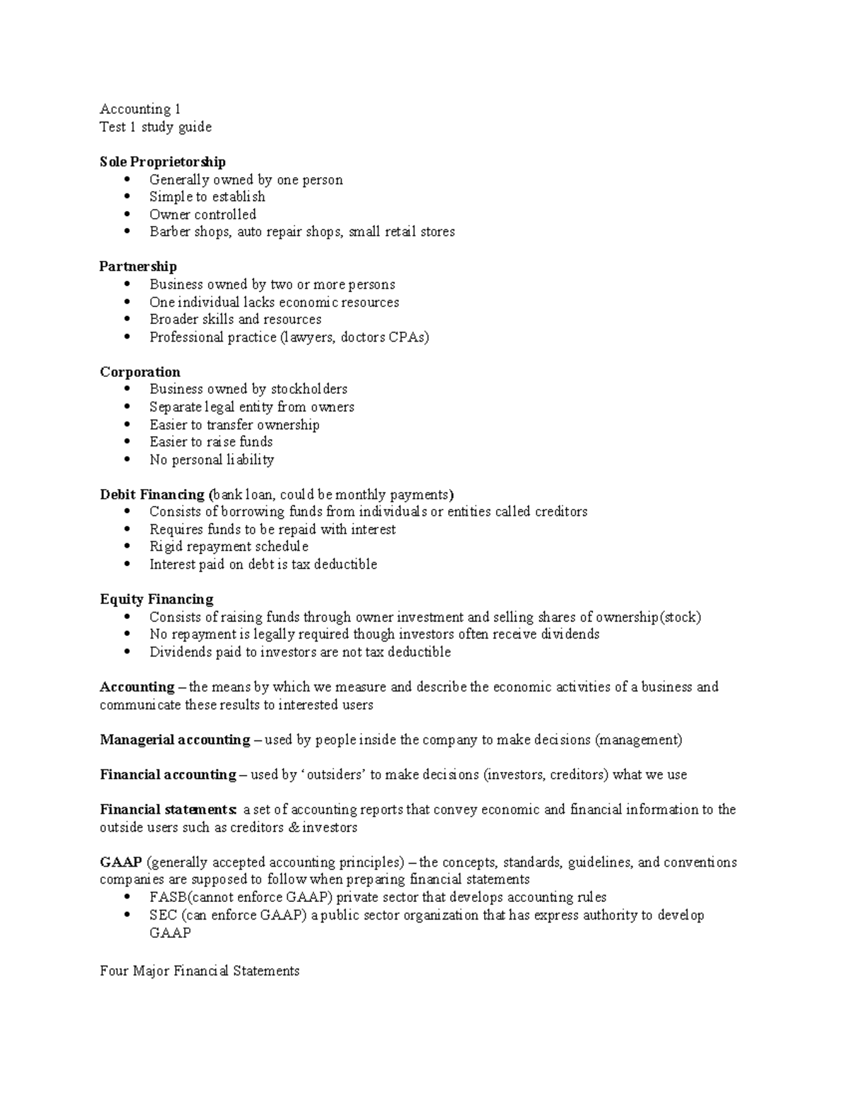 Accounting 1 Study Guide: Test 1 Key Concepts and Financial Principles ...
