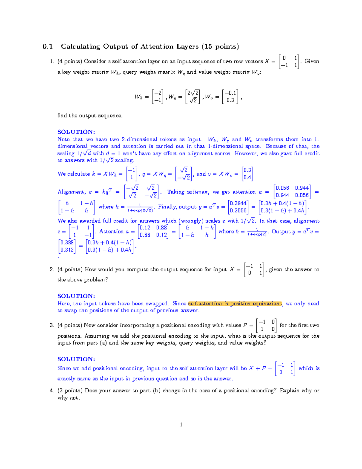 Calculating Attention Layer Outputs - Section 6 Lecture Notes (2025 ...