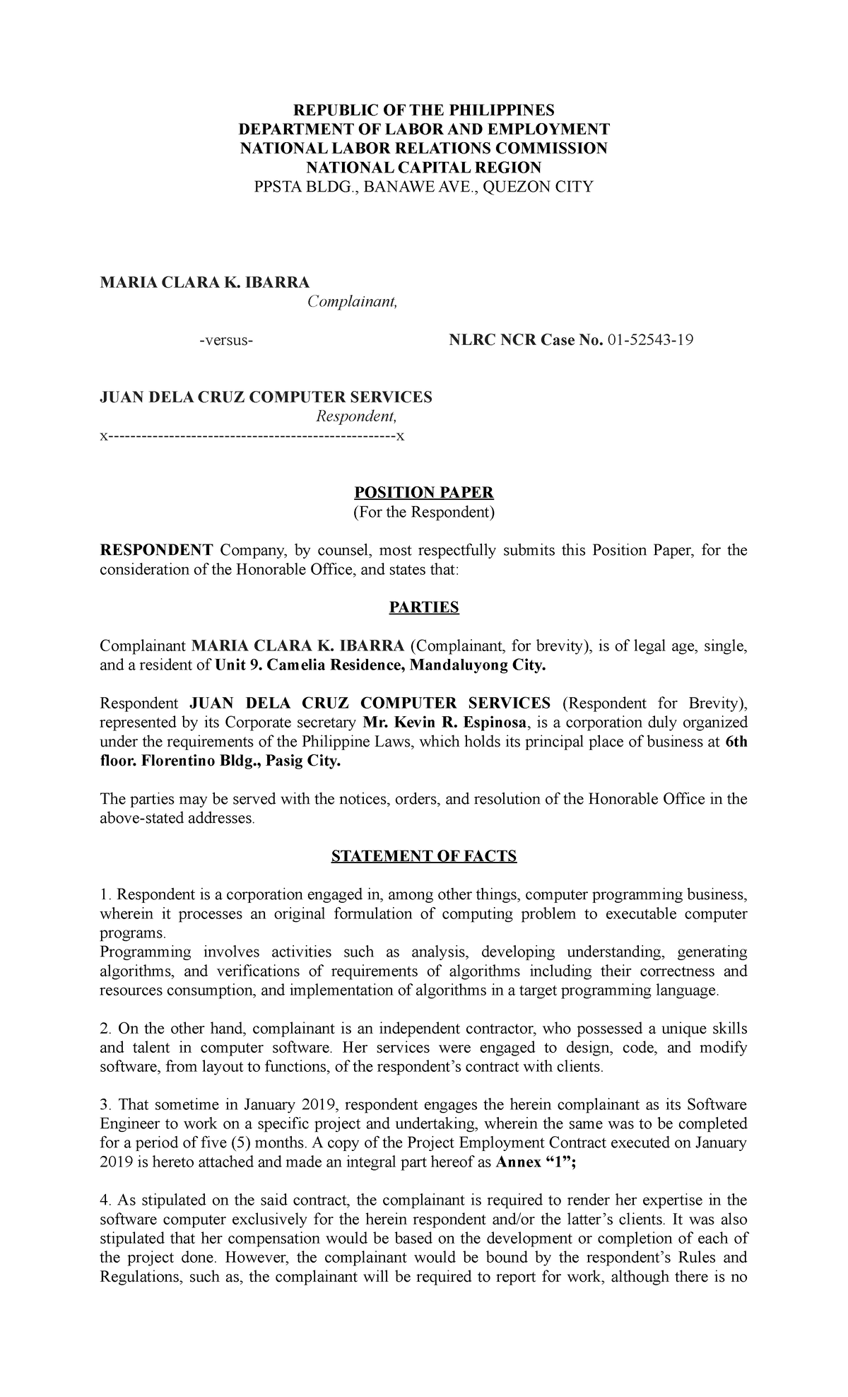 Position Paper for Respondent in NLRC Case No. 01-52543 - Studocu