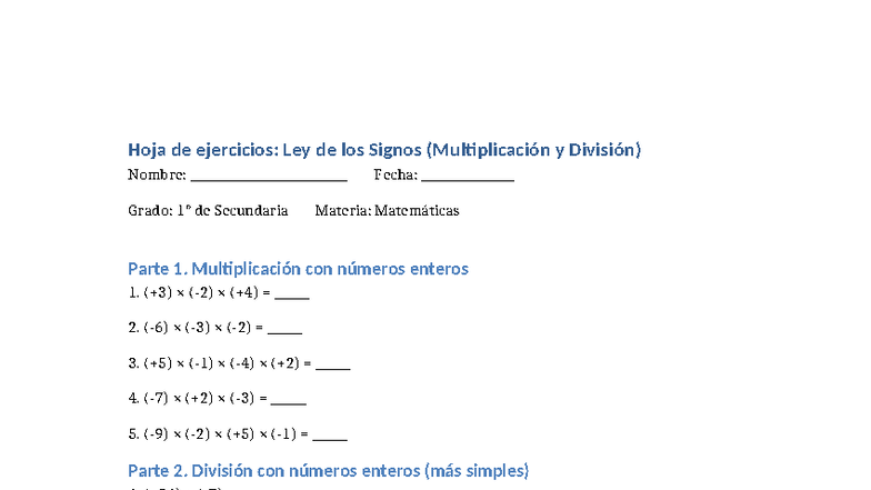 Ejercicios de Ley de los Signos: Multiplicación y División - Studocu