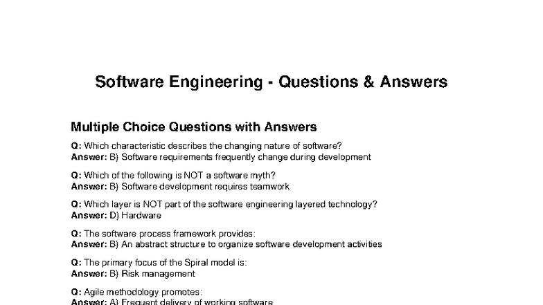 Software Engineering QA MCQs & Fill in the Blanks - Studocu