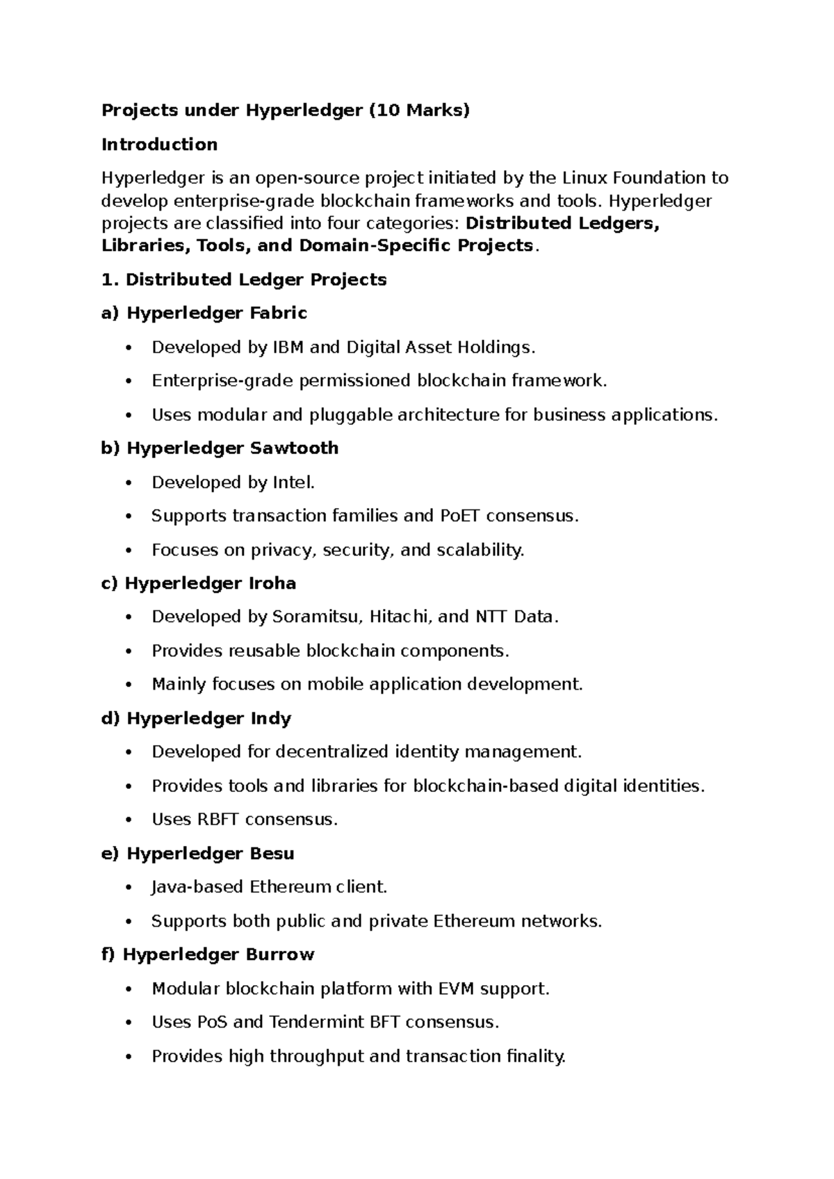 Hyperledger Projects Overview and Key Concepts (10 Marks) - Studocu