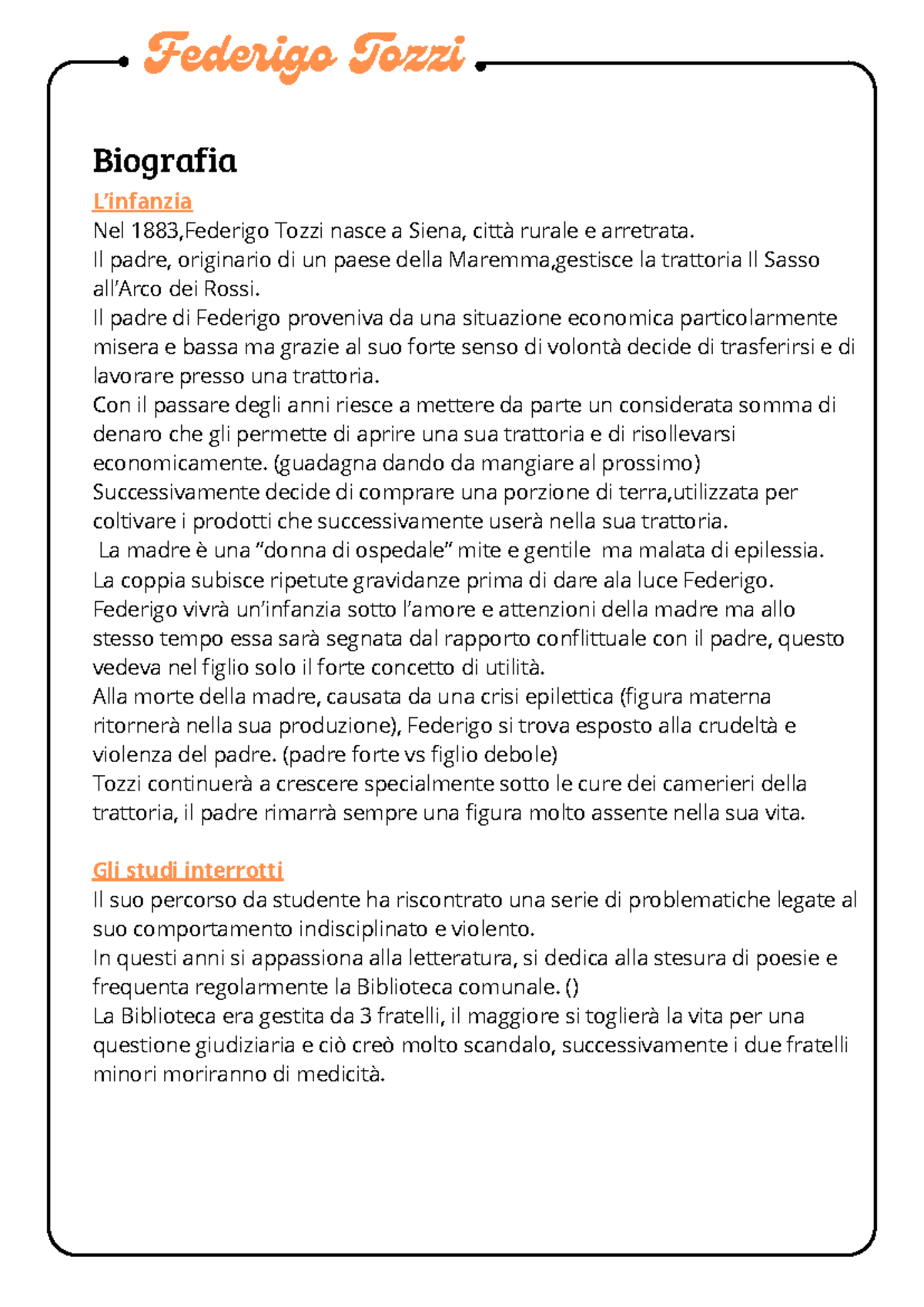 Federigo Tozzi: Vita e Opere - Biografia e Analisi Letteraria - Studocu