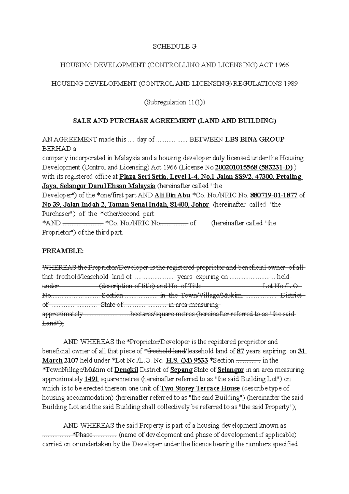 Schedule G (Updated) Sale and Purchase Agreement for Housing ...