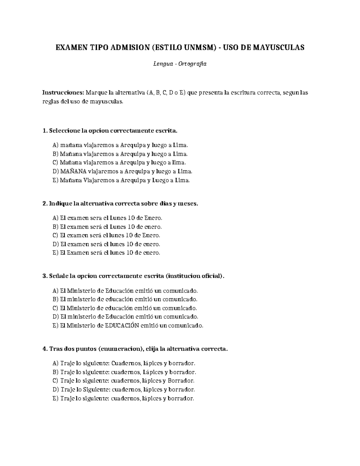 Examen UNMSM: Uso de Mayúsculas y Ortografía - Studocu