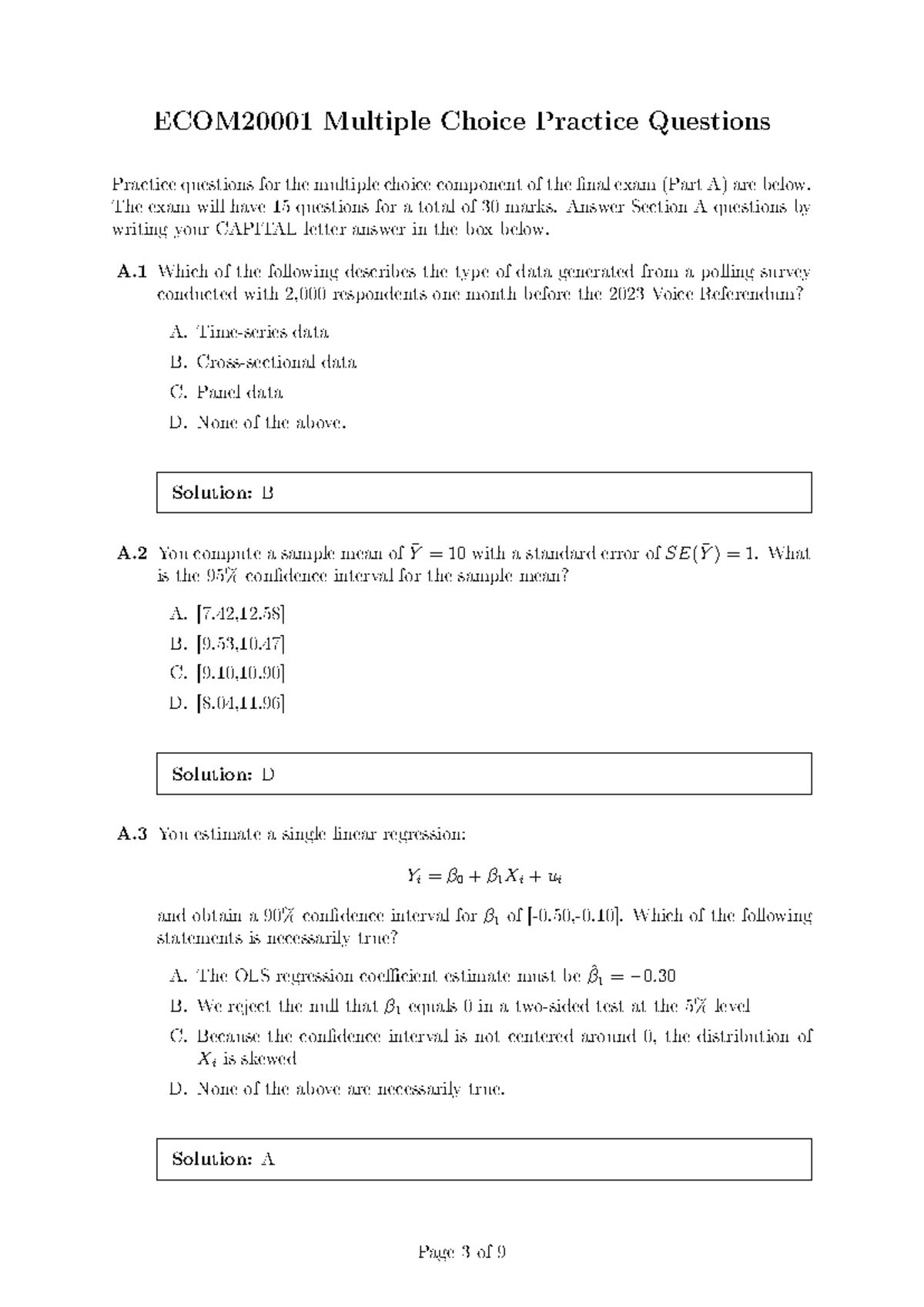 Exam Practice A: Multiple Choice Questions & Solutions for Part A - Studocu