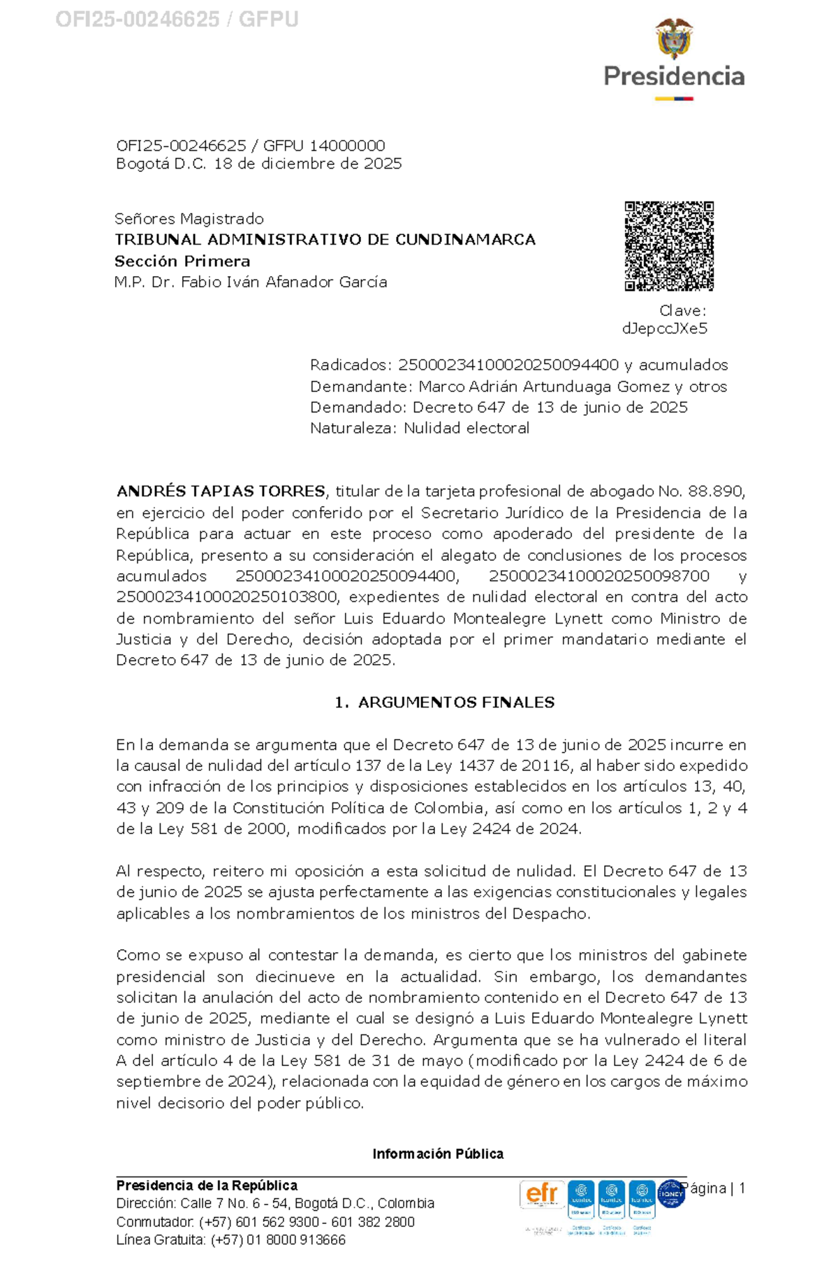 Alegato de Conclusiones sobre Nulidad Electoral - GFPU 2025 - Studocu