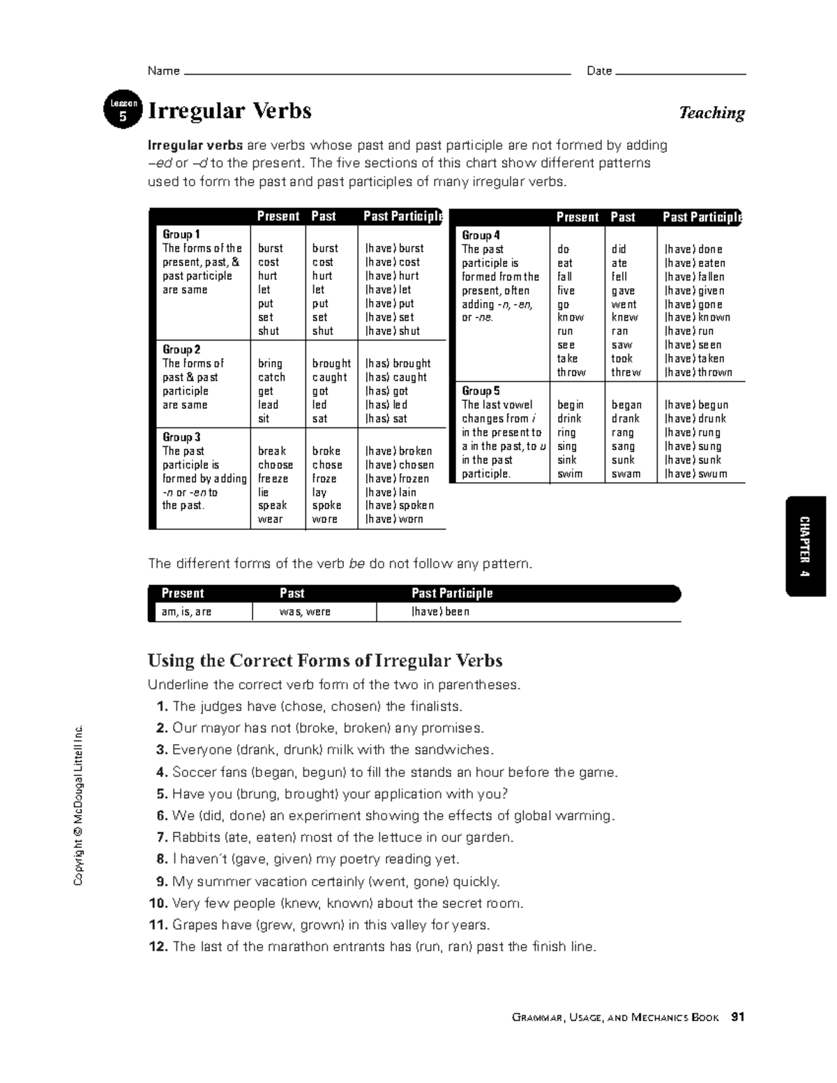Irregular Verbs Lesson 5 Worksheet for Grammar Practice - Studocu