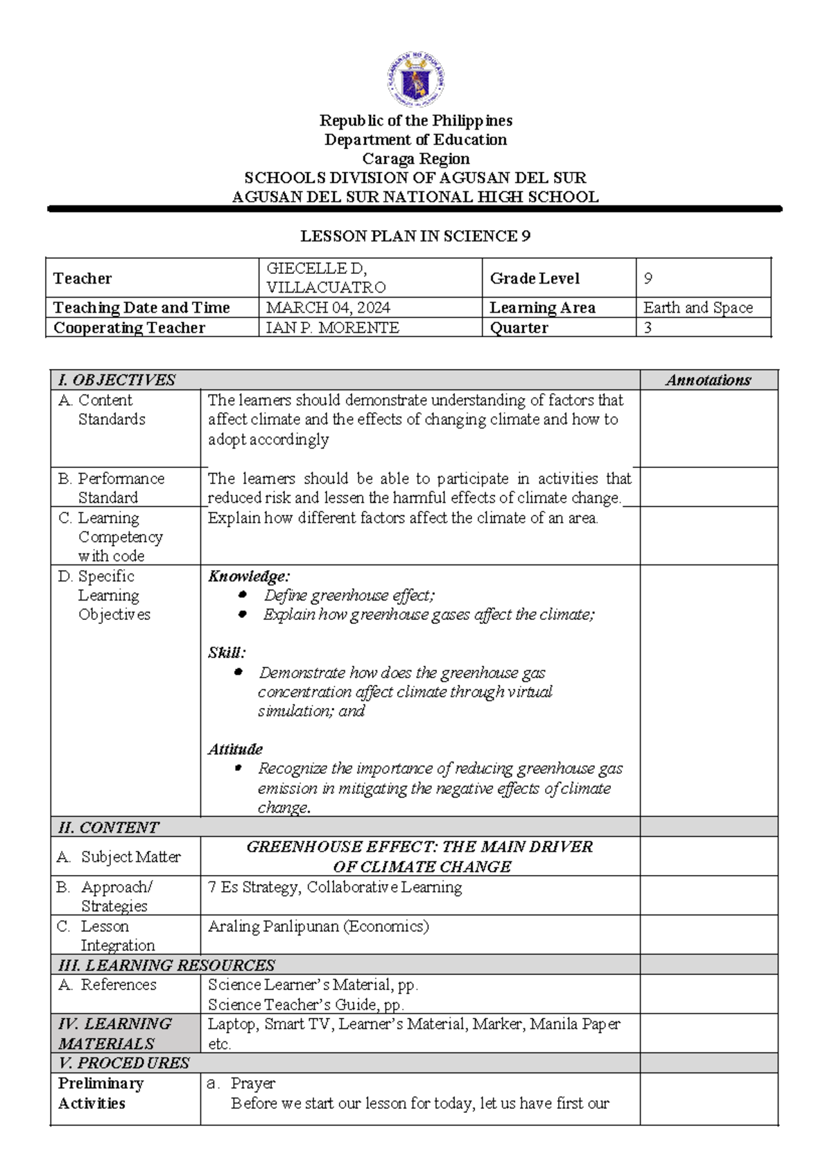 Science 9 Lesson Plan: Understanding the Greenhouse Effect - Studocu