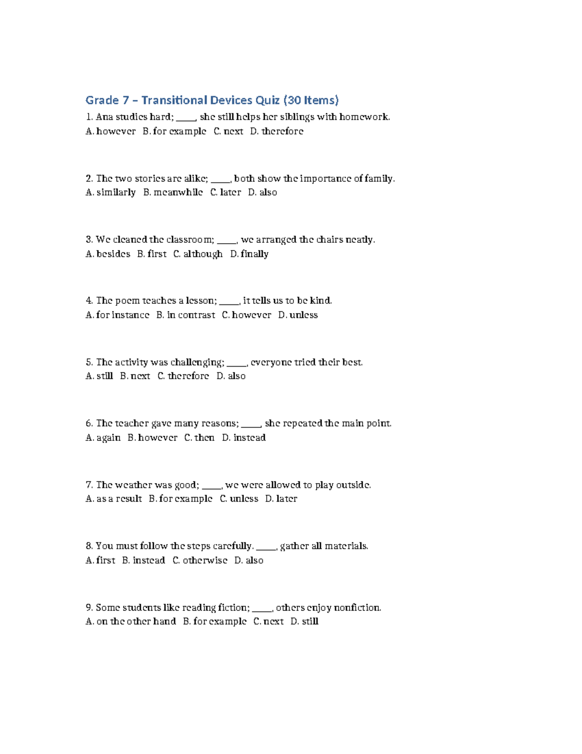 Grade 7 Transitional Devices Quiz (30 Questions) - Studocu