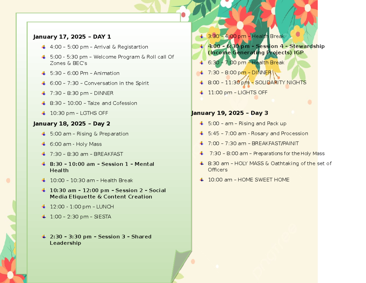 MSYD Program Flow: January 17-19, 2025 Schedule - Studocu
