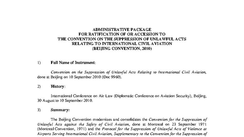 Beijing Convention 2010: Administrative Package for Ratification - Studocu
