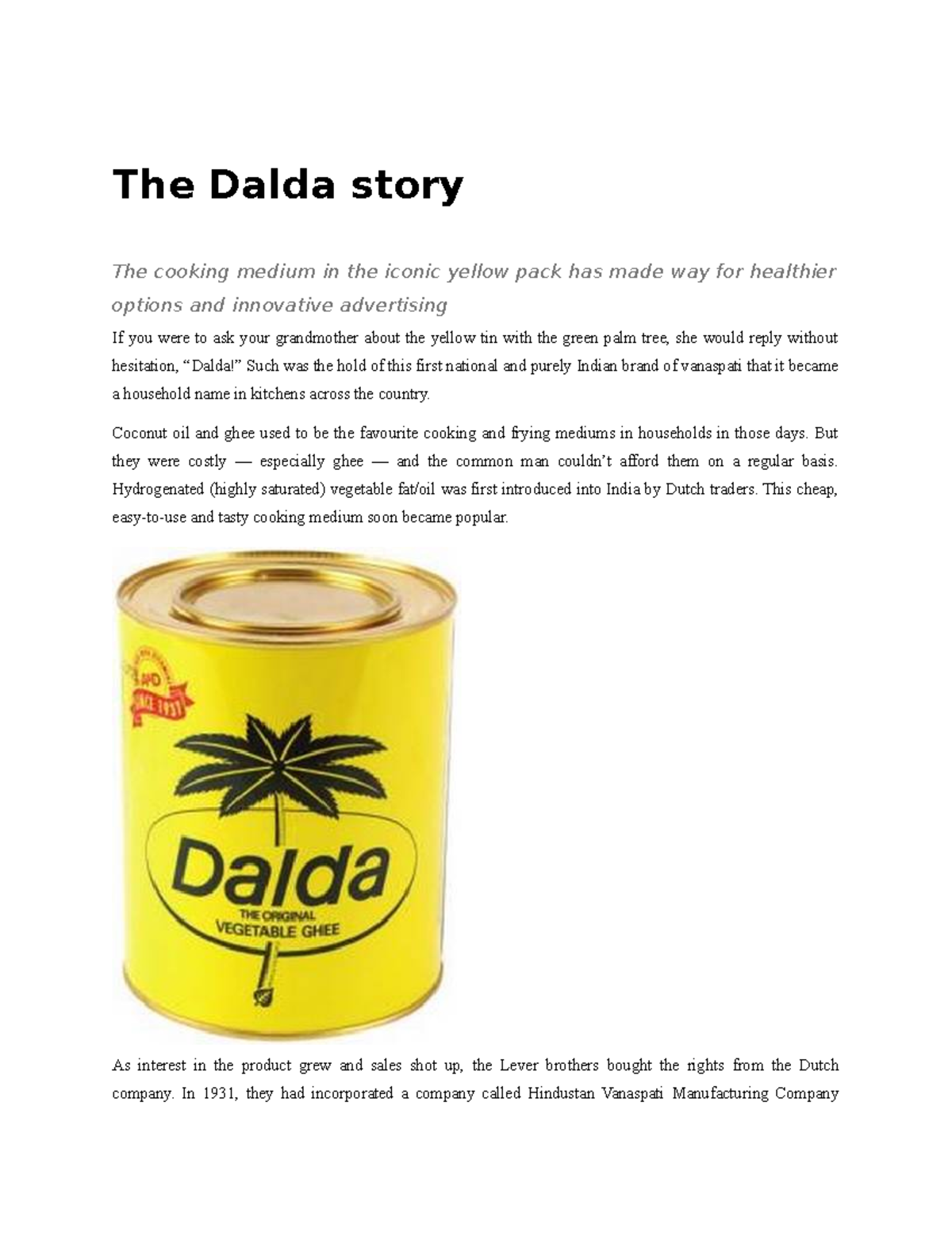 Case Study- The Dalda Story: Branding and Marketing Evolution - Studocu
