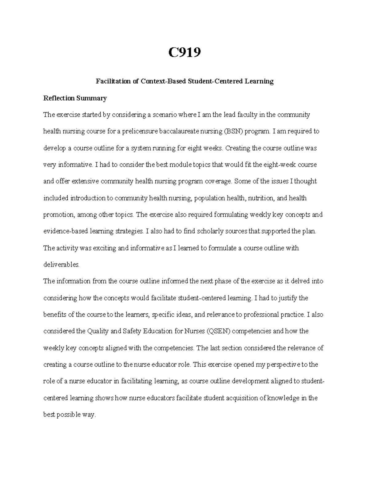 C919 Reflection on Developing a Student-Centered Course Outline - Studocu