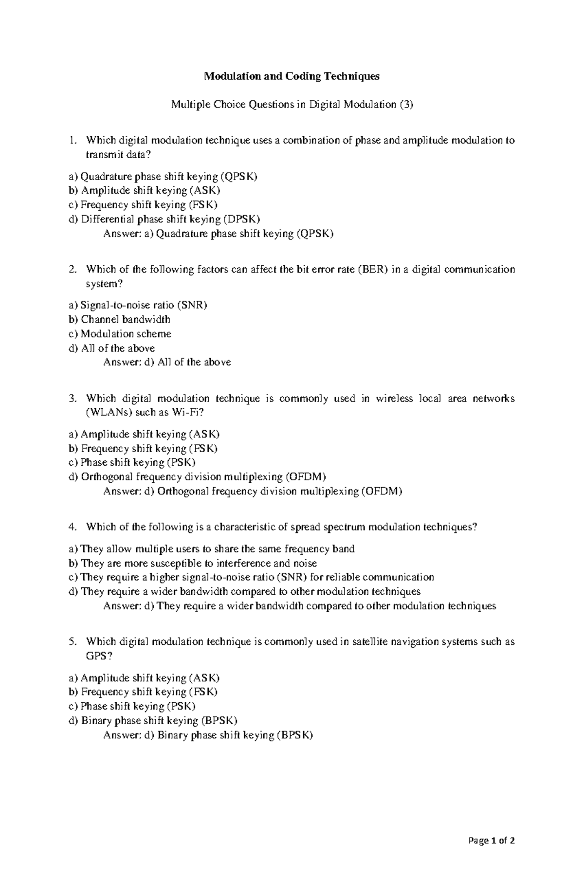MCQ in Digital Modulation - Page 1 of 2 Modulation and Coding Techniques Multiple Choice ...