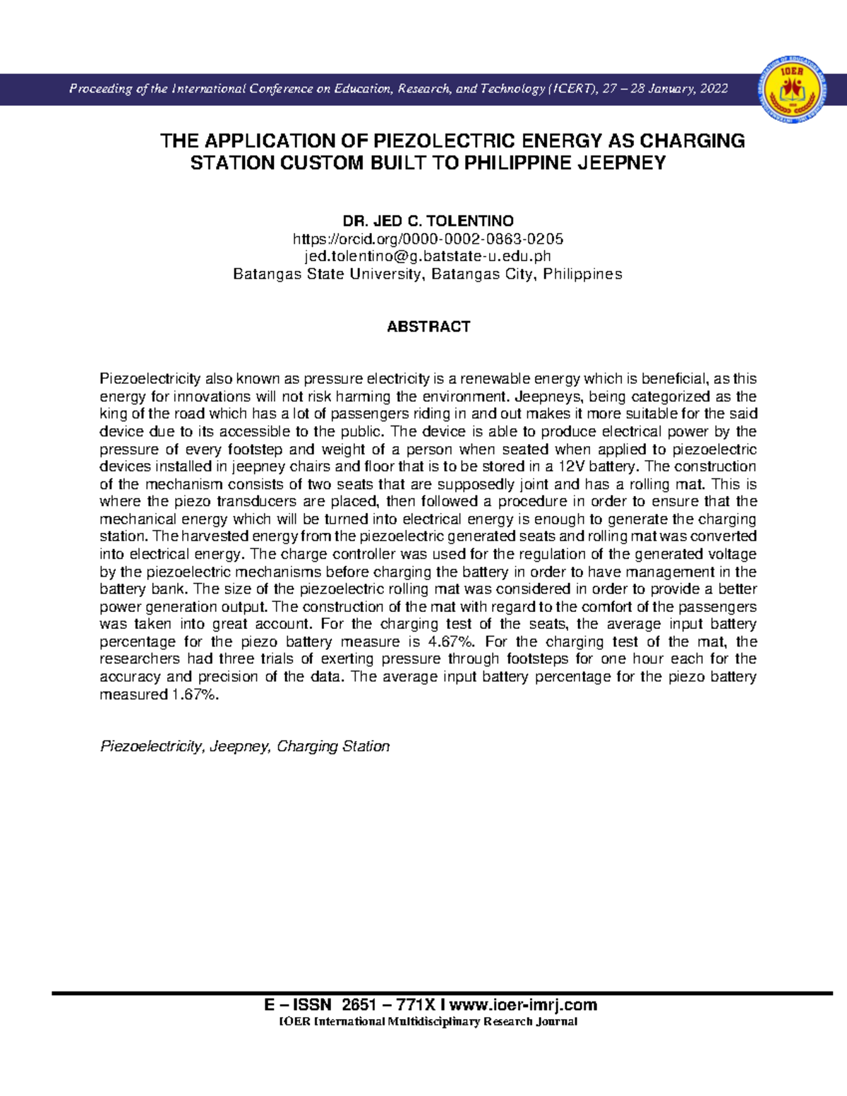 Piezoelectric Energy Implementation for Jeepney Charging Stations at ...