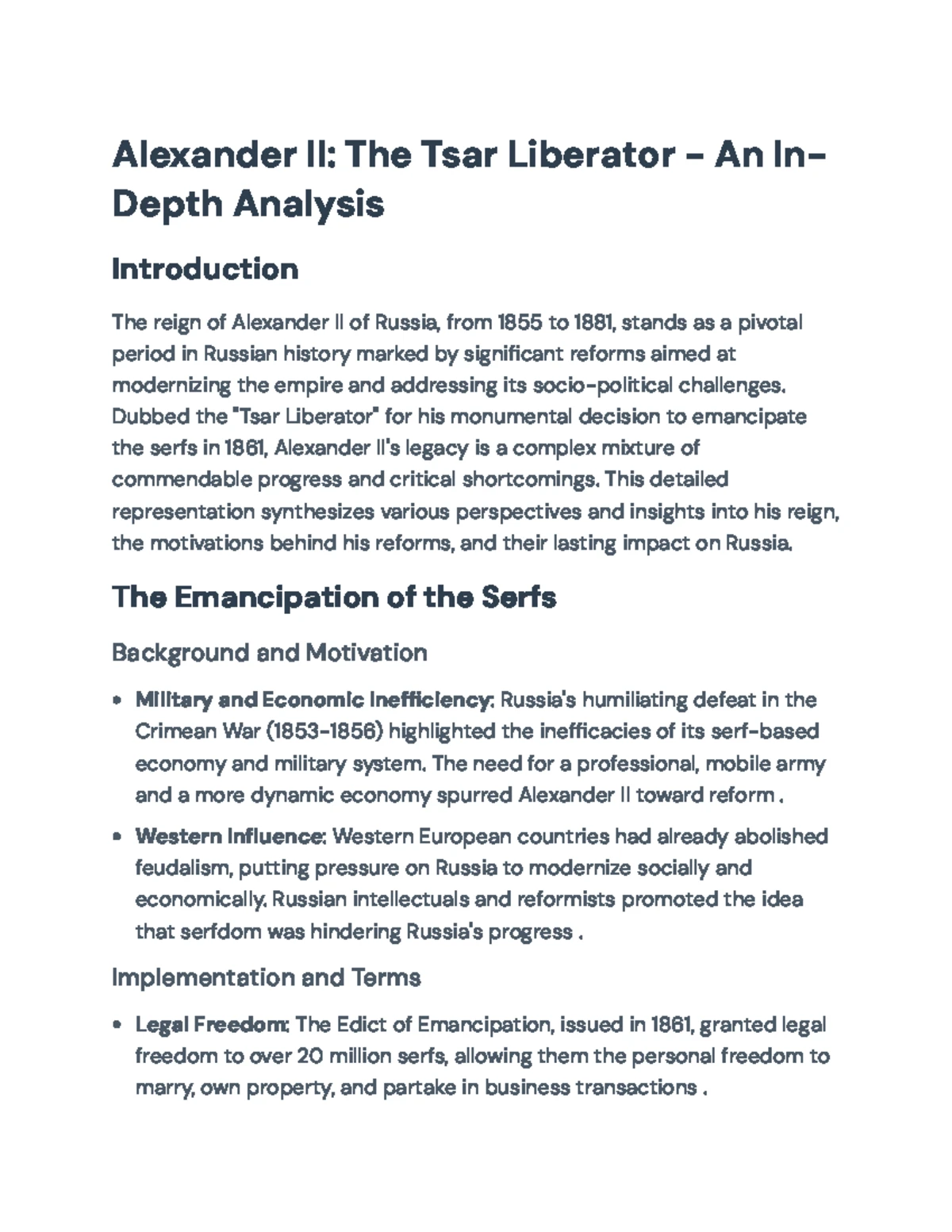 Alexander II's Reforms: The Emancipation of the Serfs and Its Impact ...