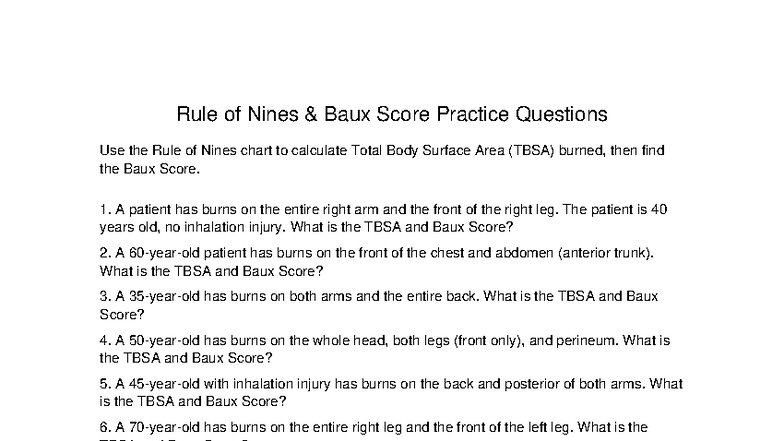 Rule of Nines & Baux Score Practice Questions - Studocu