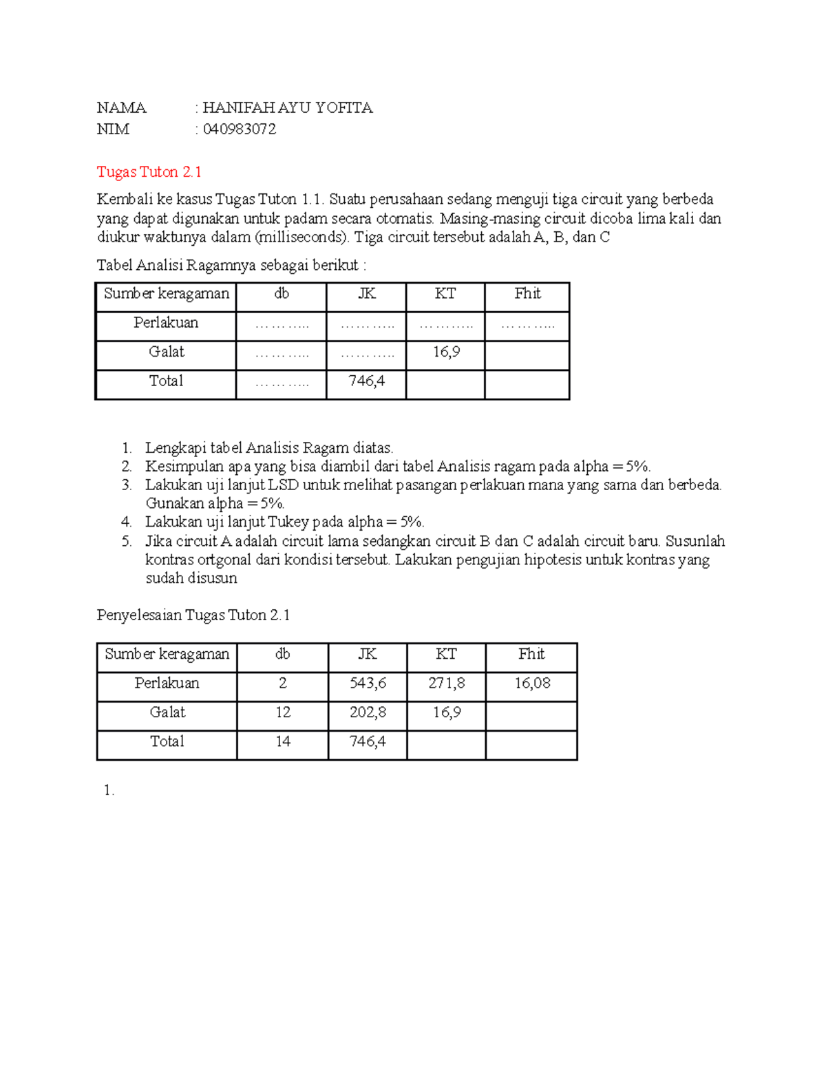 Tugas 2 RP: Analisis Ragam dan Uji Lanjut pada Percobaan Circuit dan Dosis Obat - Studocu
