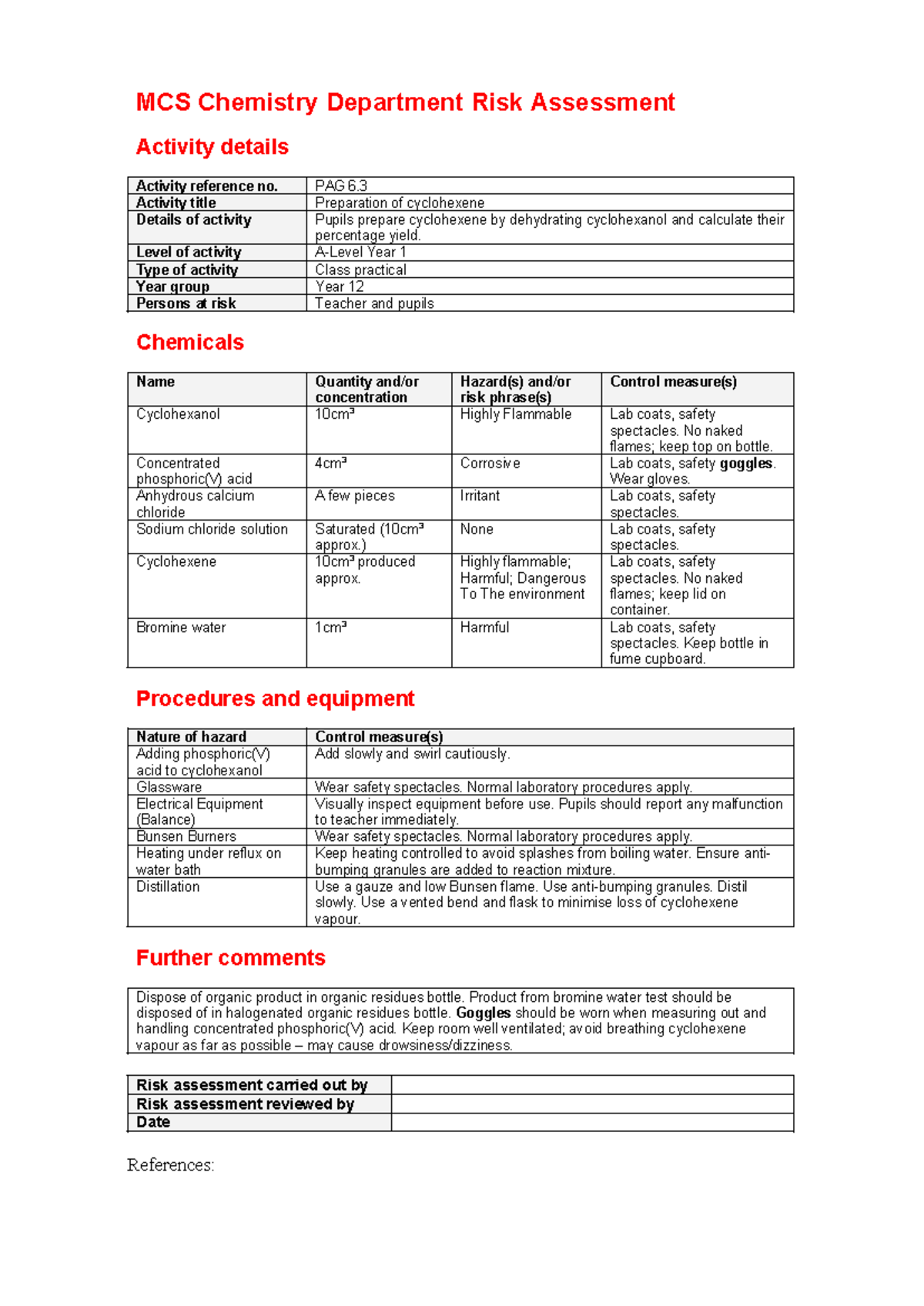 PAG 6 - Risk Assessment for Preparing Cyclohexene in A-Level Chemistry ...