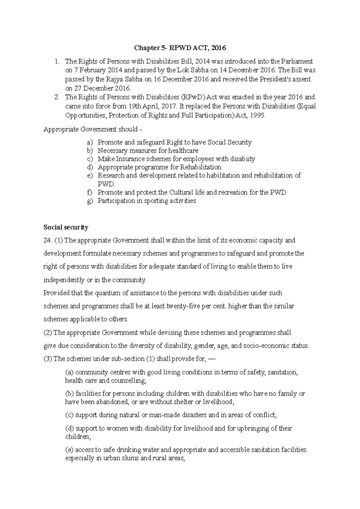 Chapter 5: RPWD Act, 2016 - Rights and Provisions for PWD - Studocu