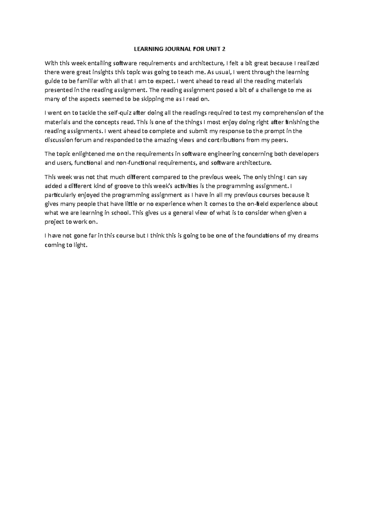 Learning Journal UNIT 2 - LEARNING JOURNAL FOR UNIT 2 With this week ...