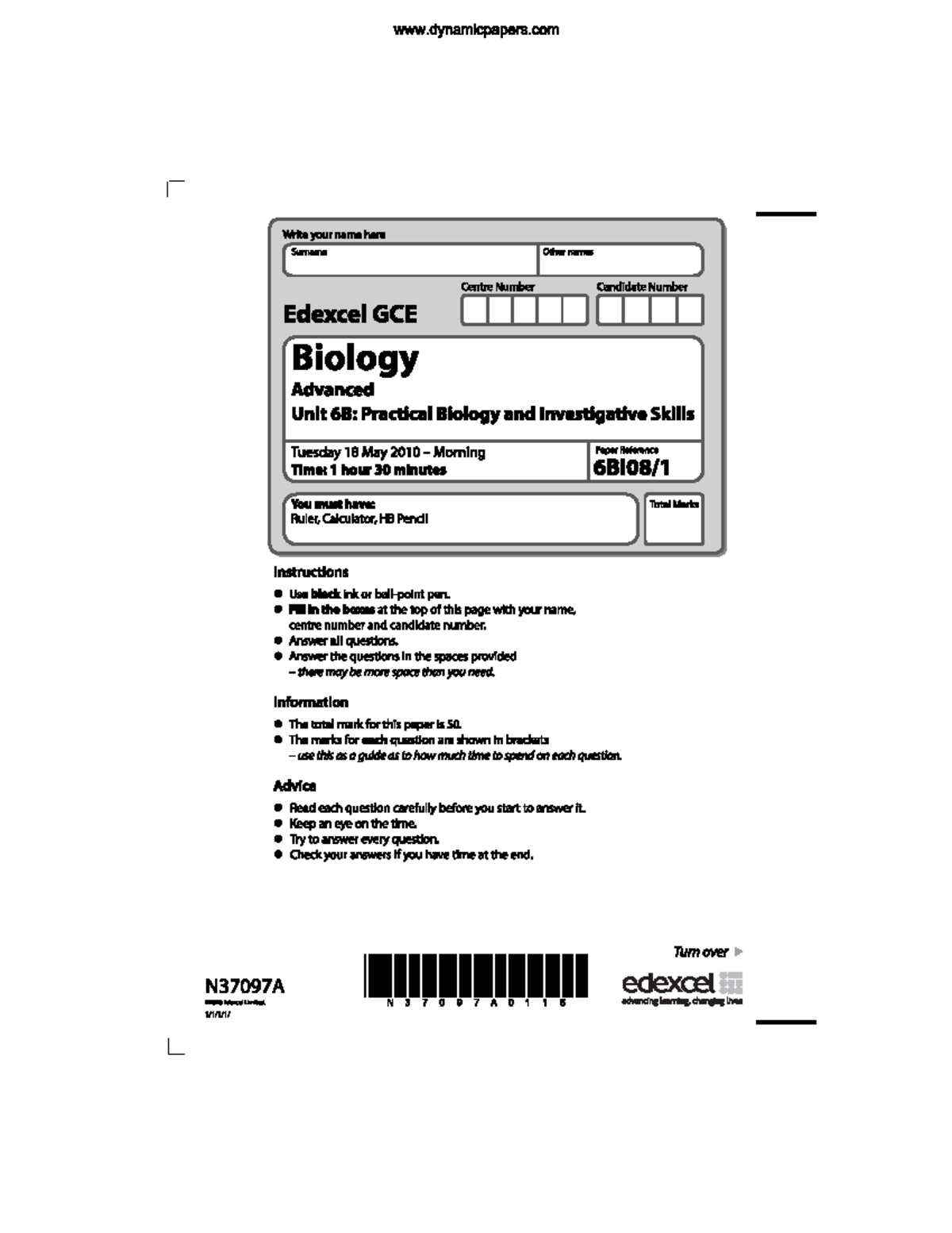 Edexcel GCE Biology Unit 6B: Practical Skills Exam Paper (May 2010 ...