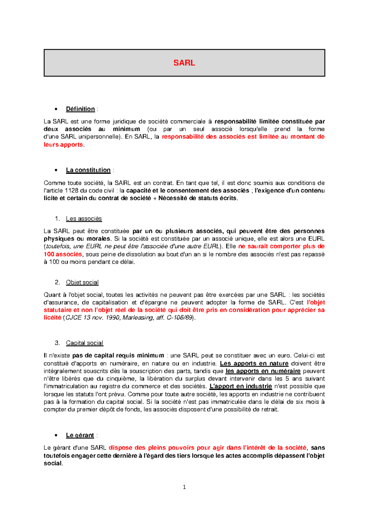 Fiche de Révision sur la SARL : Définition et Fonctionnement - Studocu