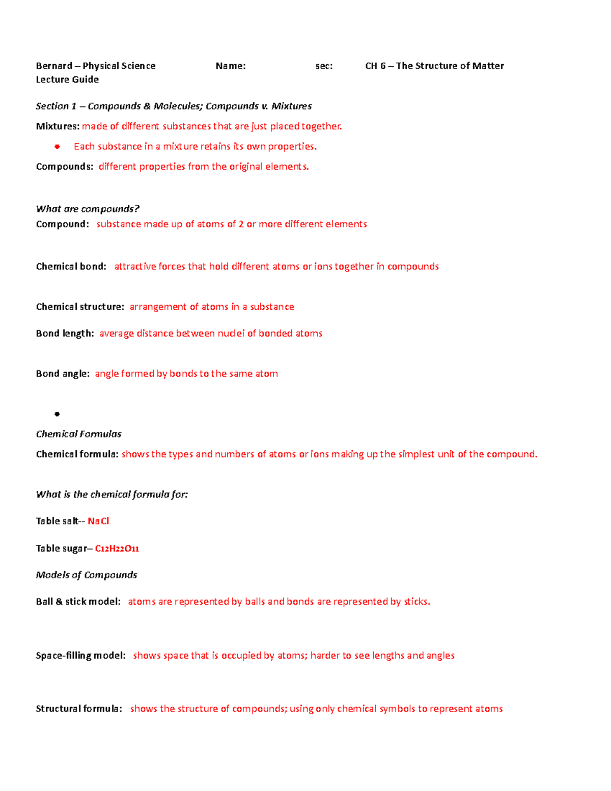 Physical Science CH 6 Lecture Notes: Compounds, Bonds & Naming - Studocu