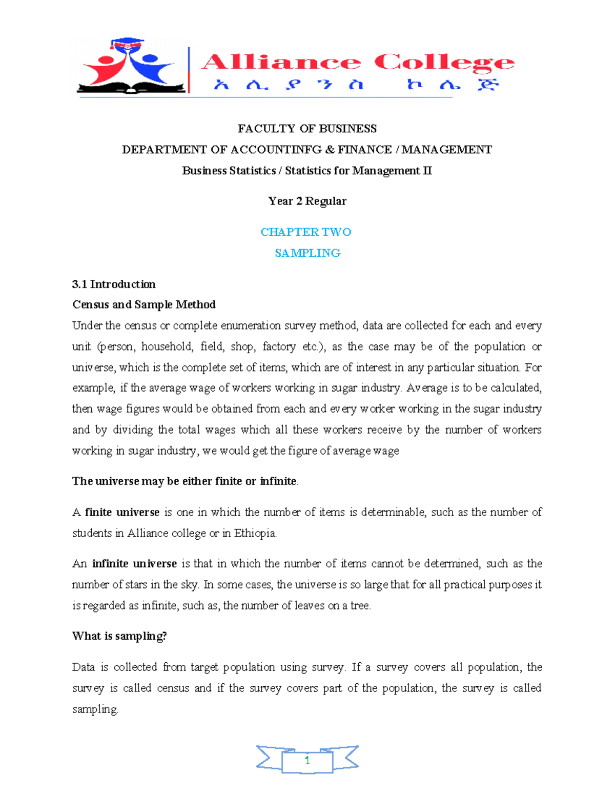 Business Statistics II: Chapter 2 - Sampling Methods and Techniques ...