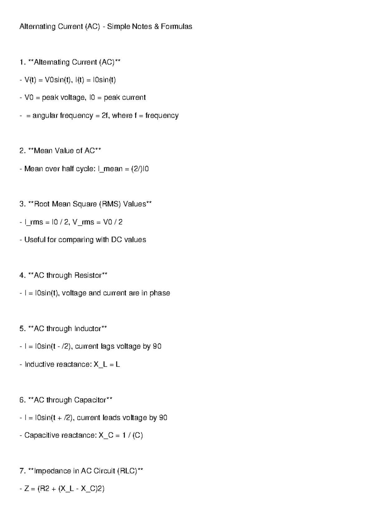 AC Circuit Notes: Key Formulas and Concepts - Studocu
