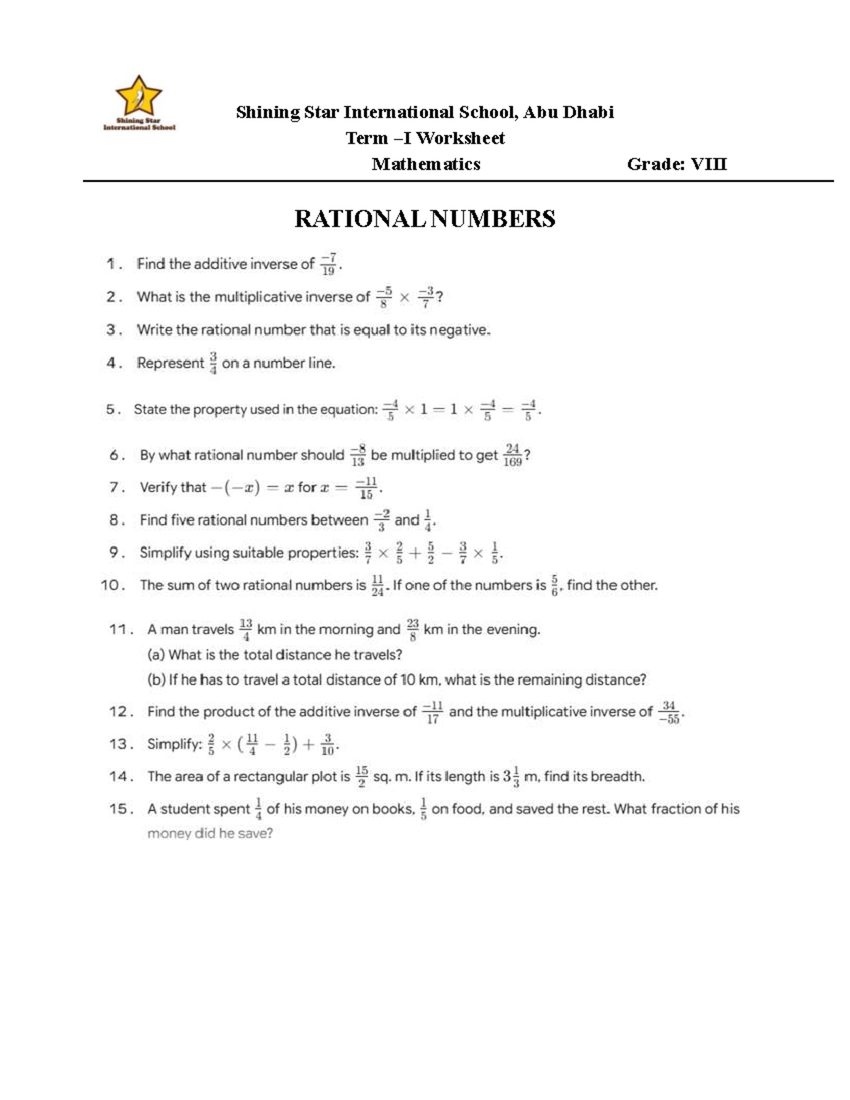 TERM1 - G8 - Mathematics Worksheet on Rational Numbers & Linear ...