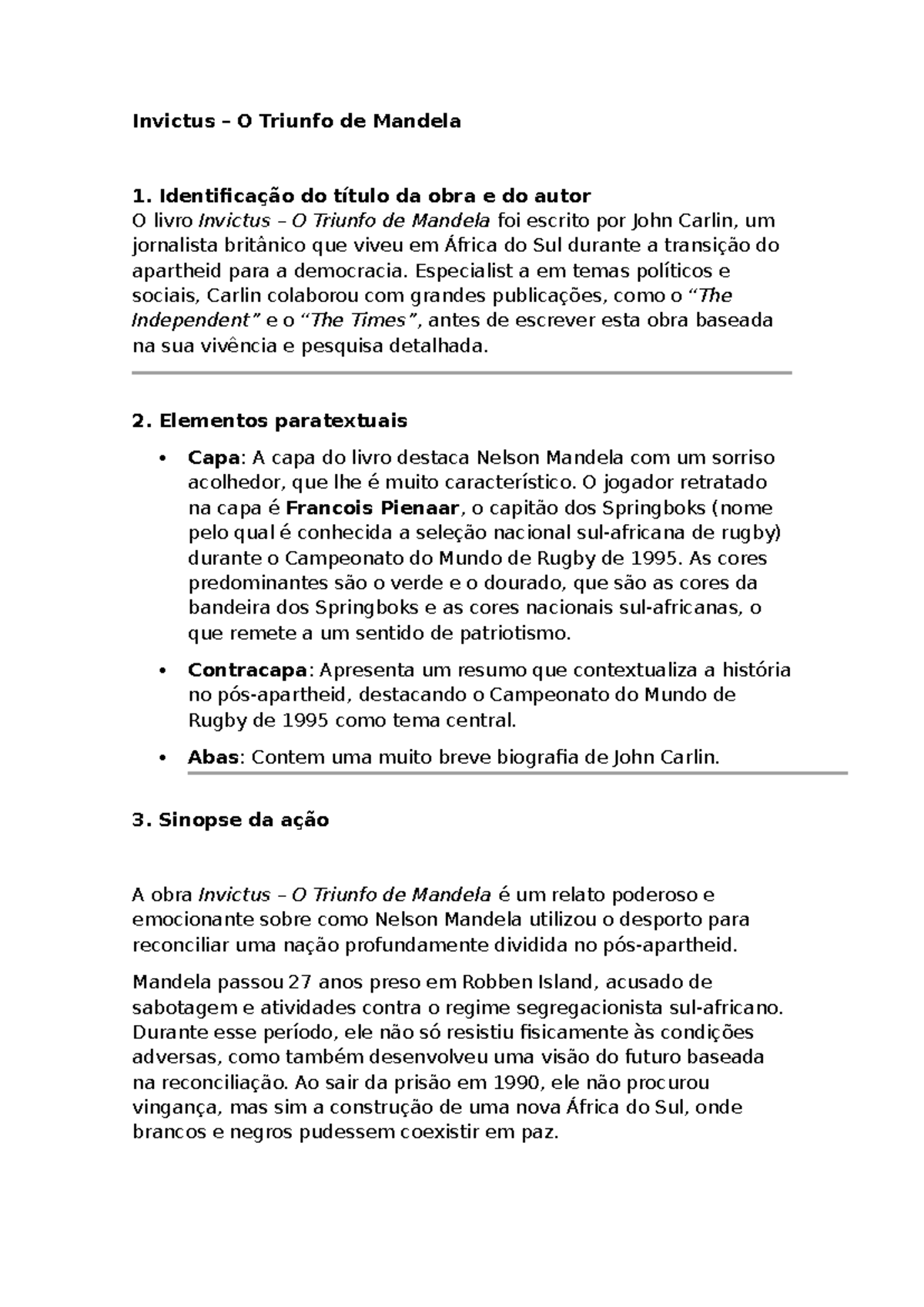 Análise do Livro "Invictus: O Triunfo de Mandela" - Apresentação Oral ...