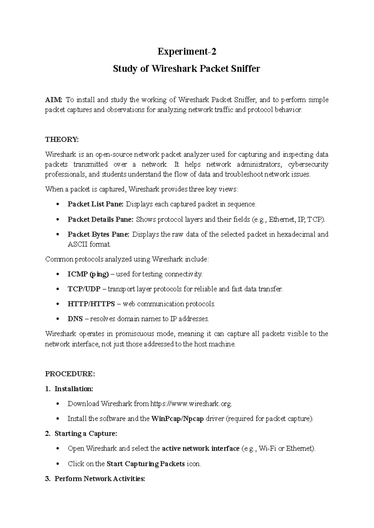 Experiment 2CN - Wireshark Packet Sniffer Analysis and Capture - Studocu