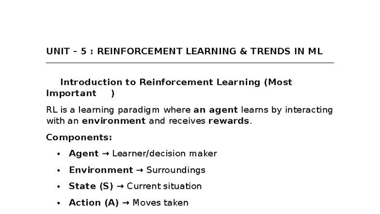 UNIT 5: Key Concepts in Reinforcement Learning Trends in ML - Studocu