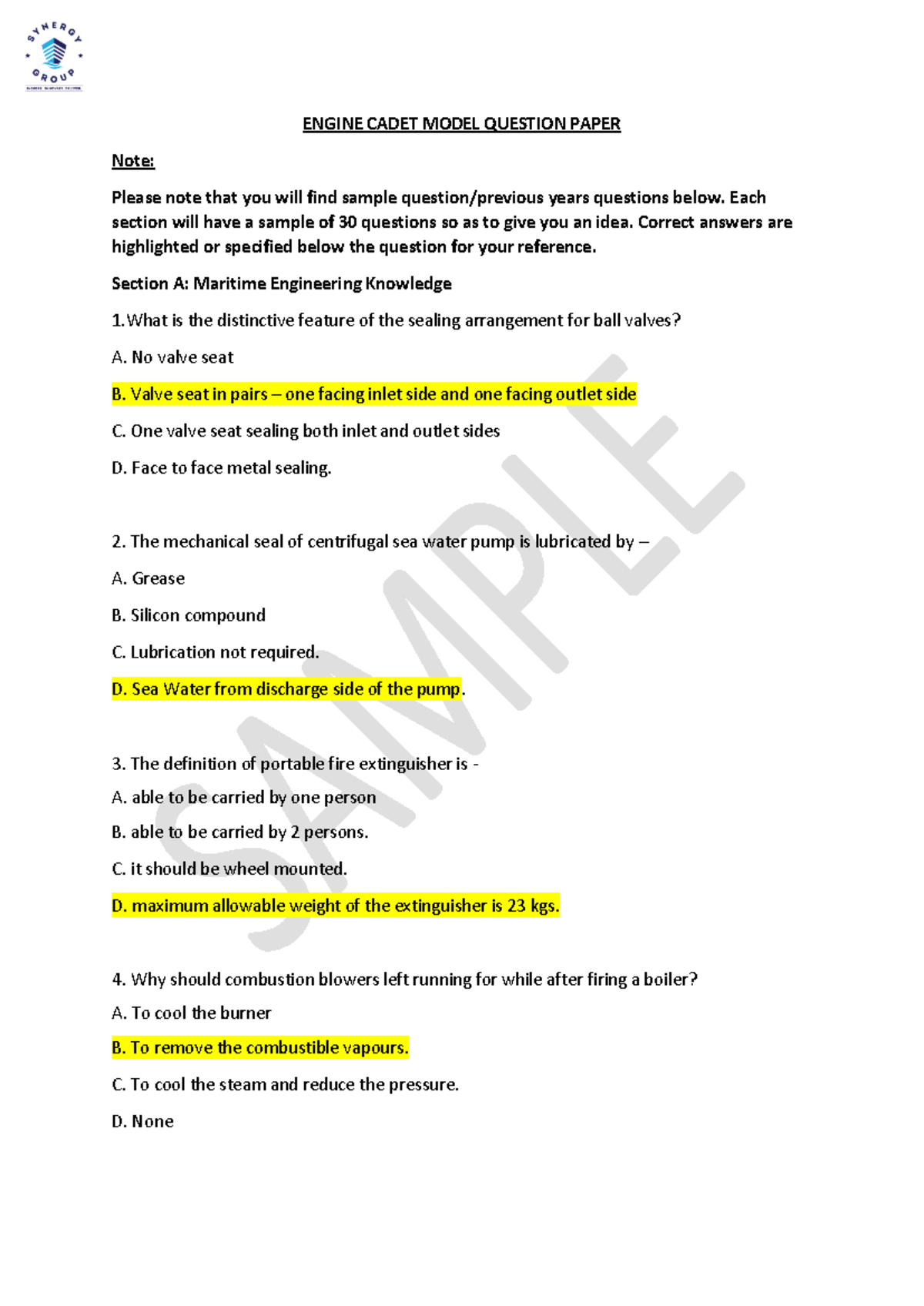 Engine Cadet Model Question Paper with Sample Questions & Answers - Studocu