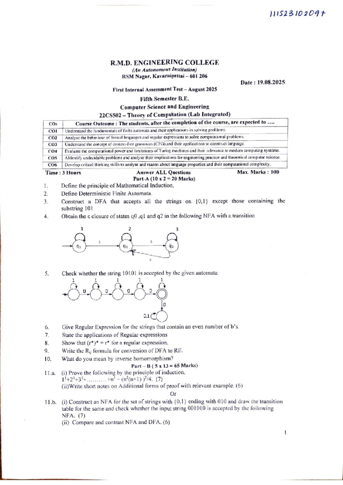 22CS502 Theory of Computation First Internal Assessment Test August ...