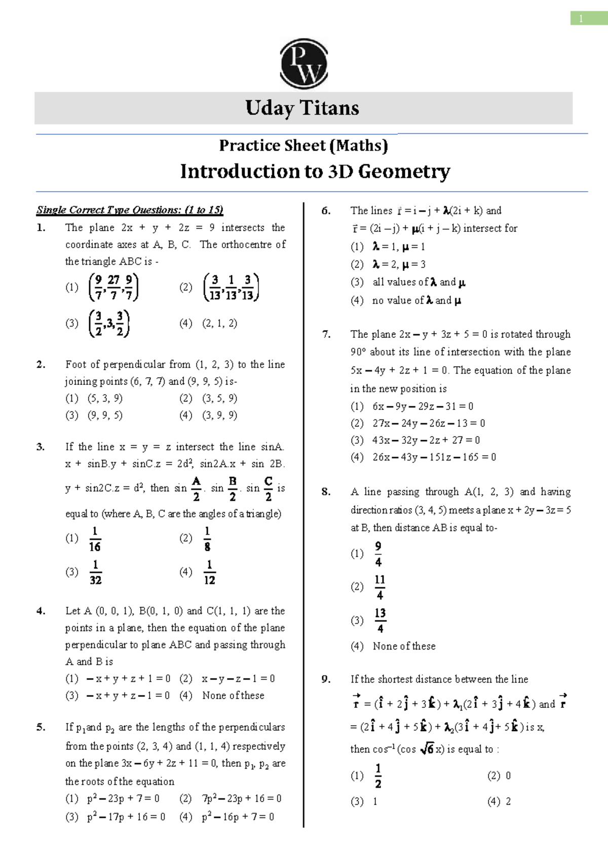 Introduction to 3D Geometry - Practice Sheet (Maths) - Studocu