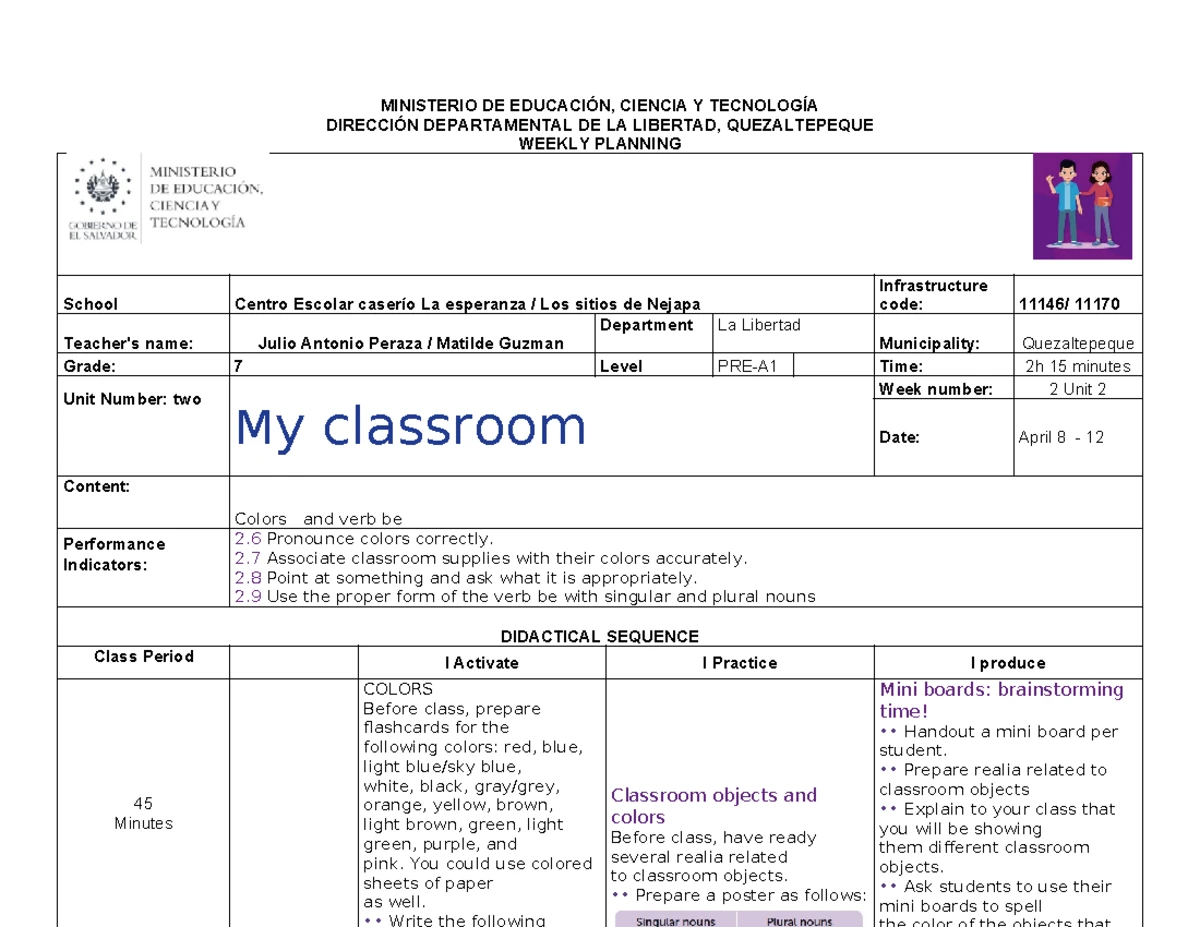 Unit 1 Week 2 - Lesson Plan for 7th-9th Grade PRE-A1 English - Studocu