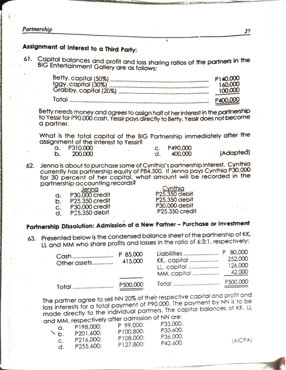 AFAR- Dissolution- Liquidation- Dayag ( Problems) - Partnership 27 Assignmentof - Studocu