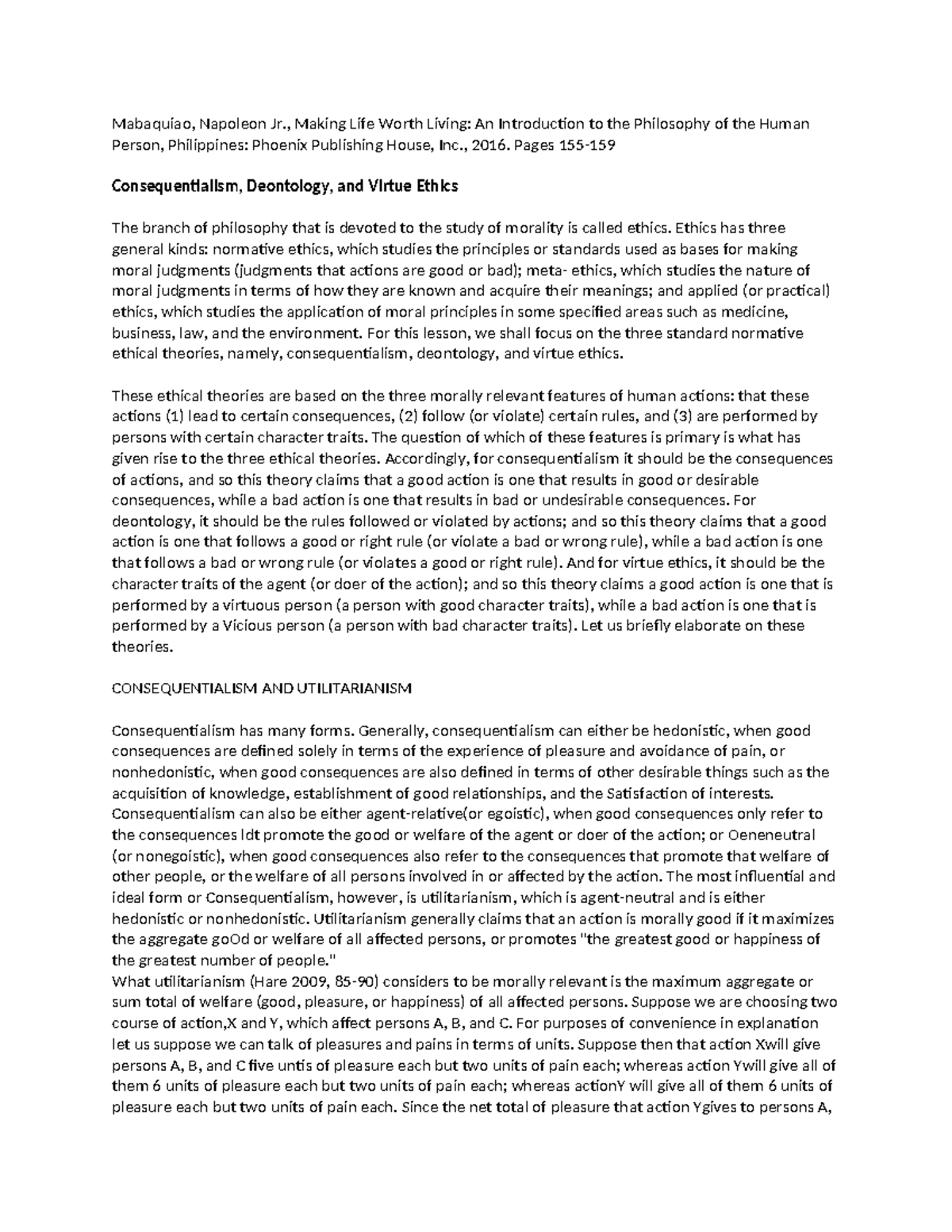 PHIL 101: Summary of Consequentialism, Deontology, and Virtue Ethics ...