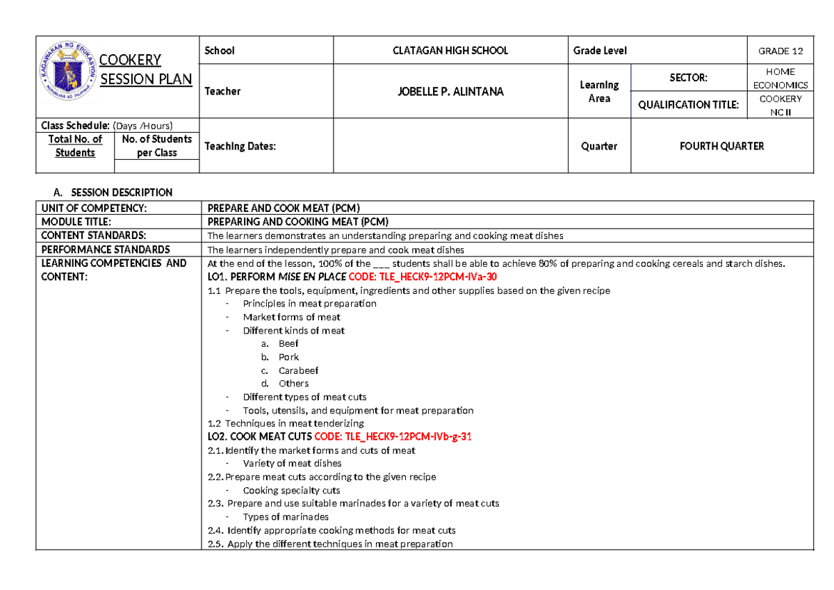 Session Plan: Prepare and Cook Meat (PCM) for Grade 12 Cookery - Studocu