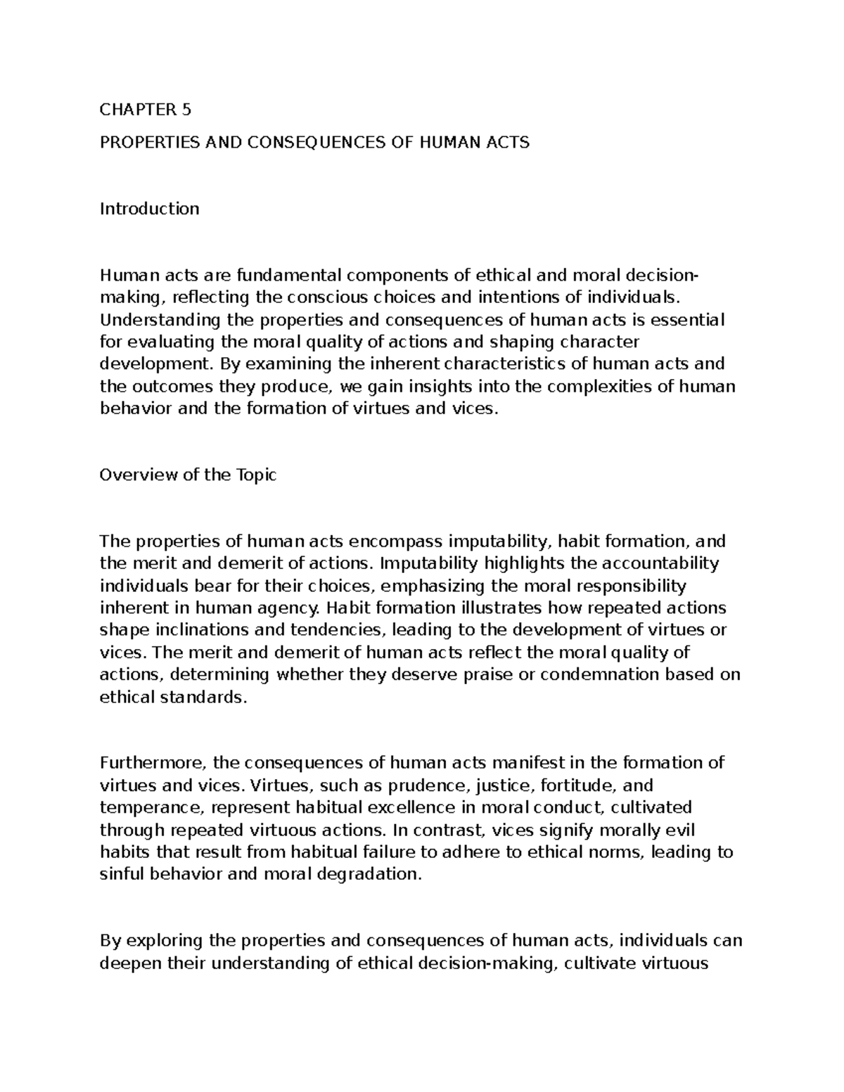 Properties and Consequences of Human Acts: CH 5 Analysis and Insights ...