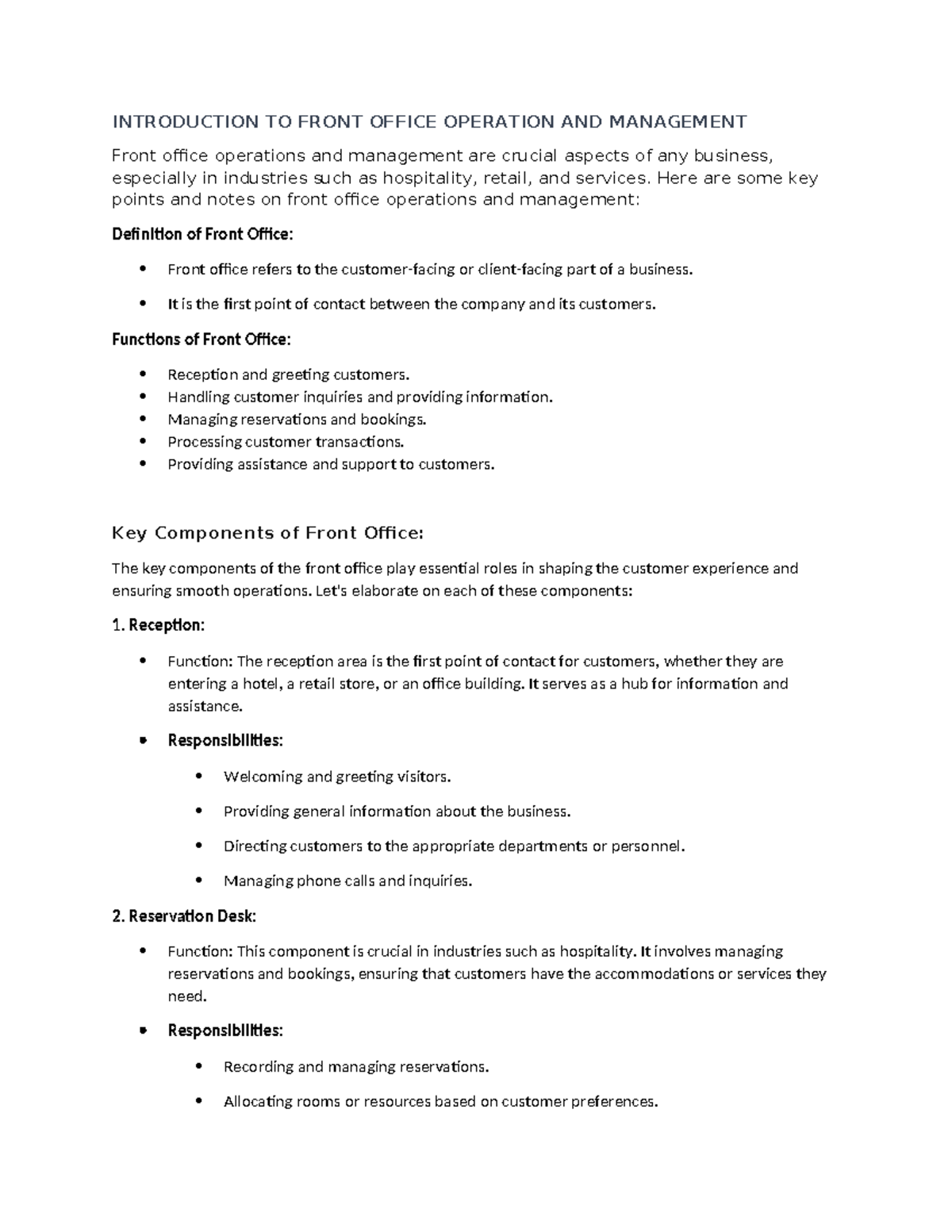 Introduction to Front Office Ops & Management (FO101) Notes - Studocu