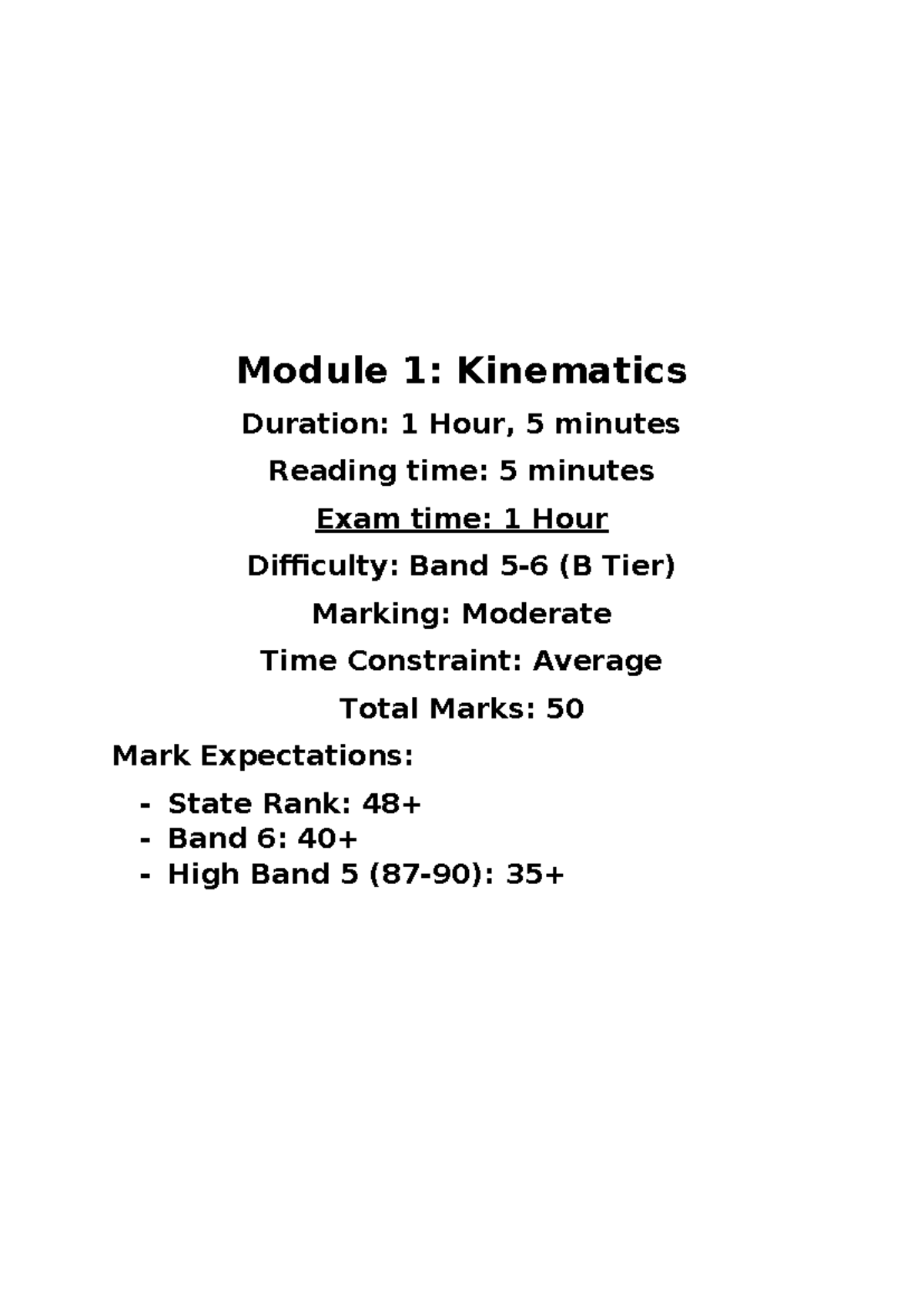 Kinematics Exam - Module 1 Physics (50 Marks, Band 5-6) - Studocu