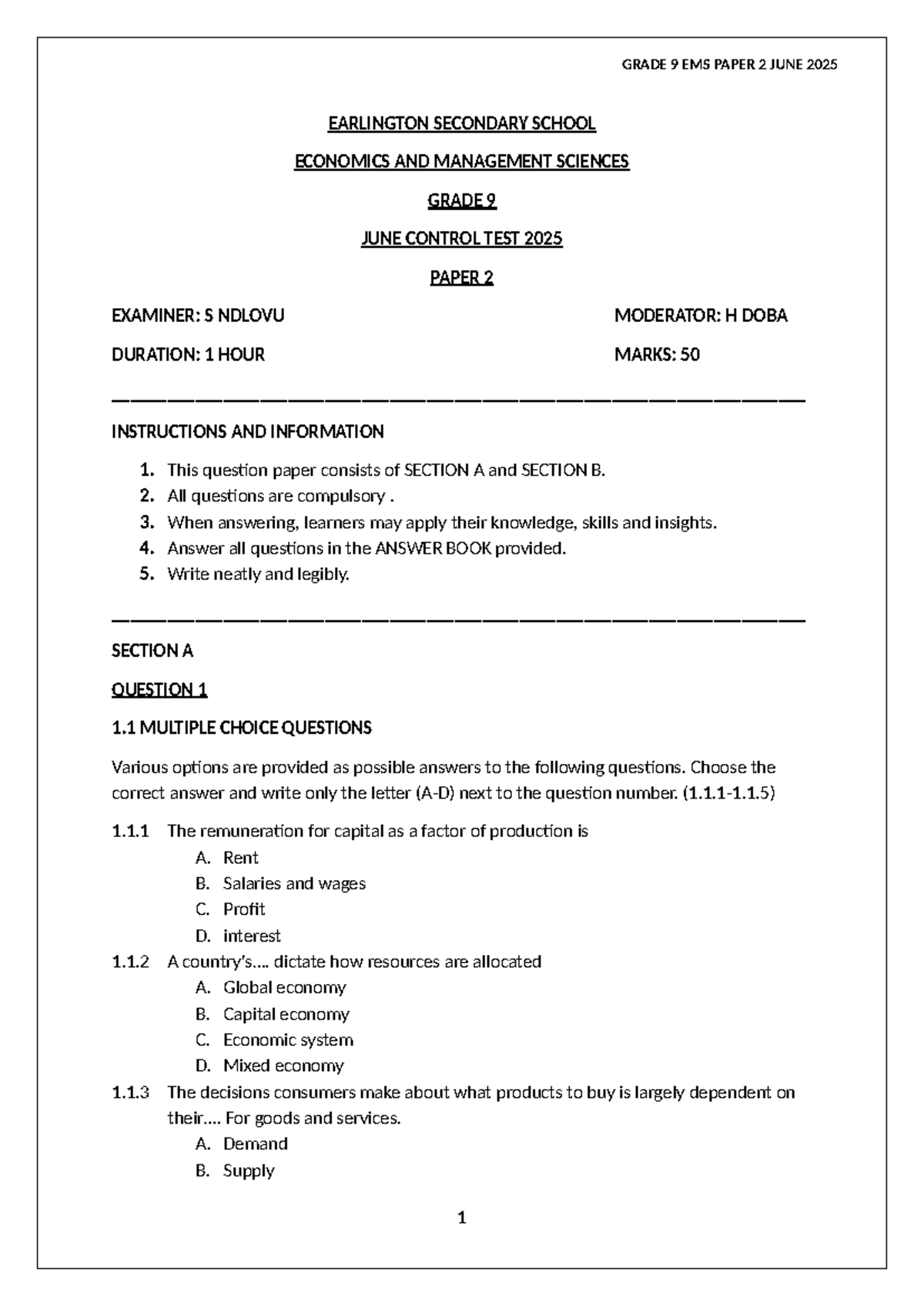 GRADE 9 EMS P2 JUNE 2025 CONTROL TEST PAPER 2 - Studocu