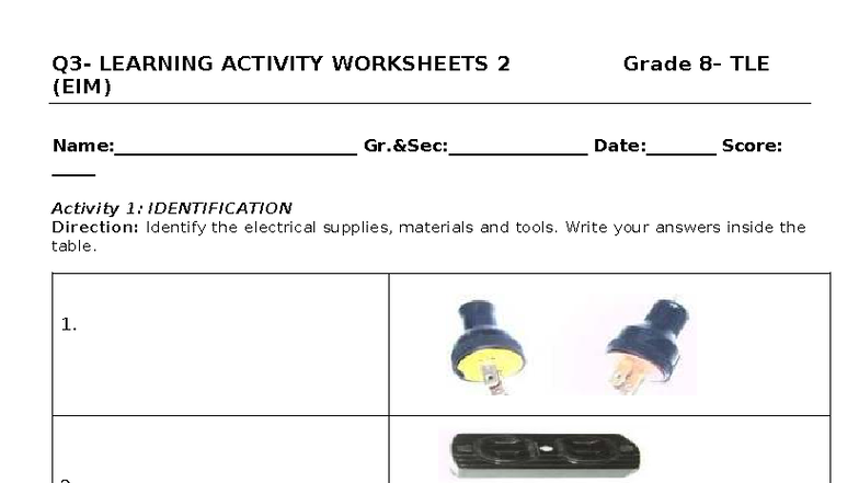 TLE 8-EIM 2: Learning Activity Worksheets for Electrical Tools - Studocu