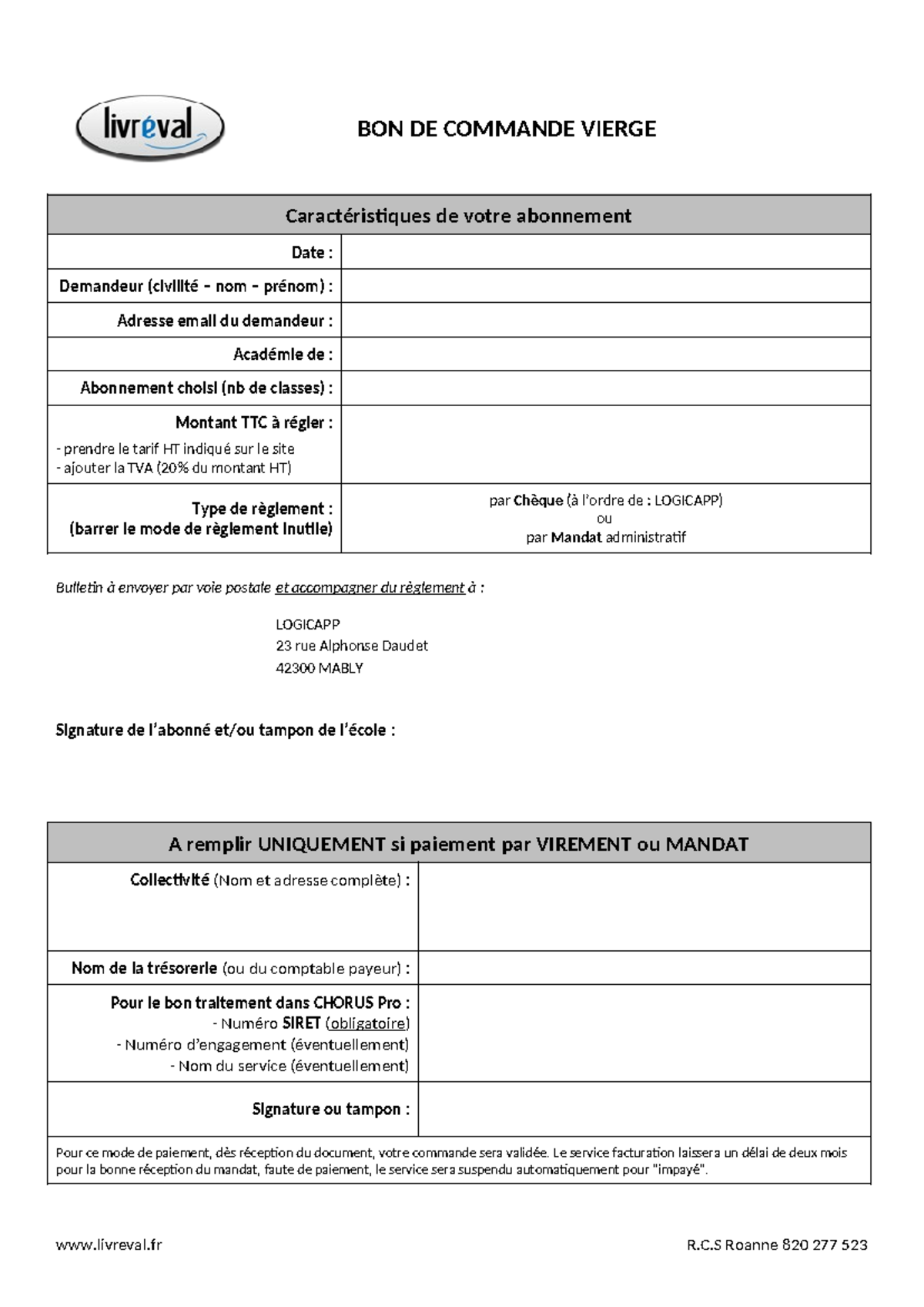 Bon de Commande Vierge - Modèle pour Abonnement scolaire - Dszq - Studocu