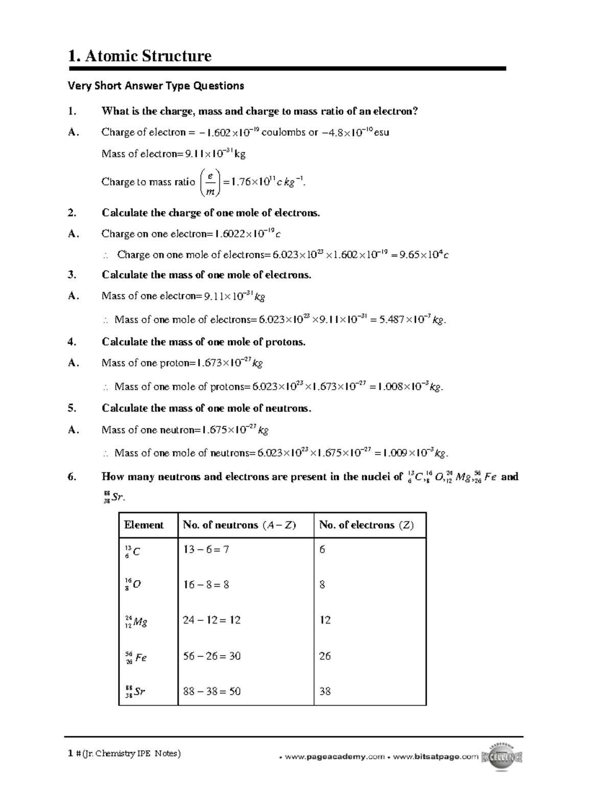 IPE atomic structure - 1. Atomic Structure Very Short Answer Type ...